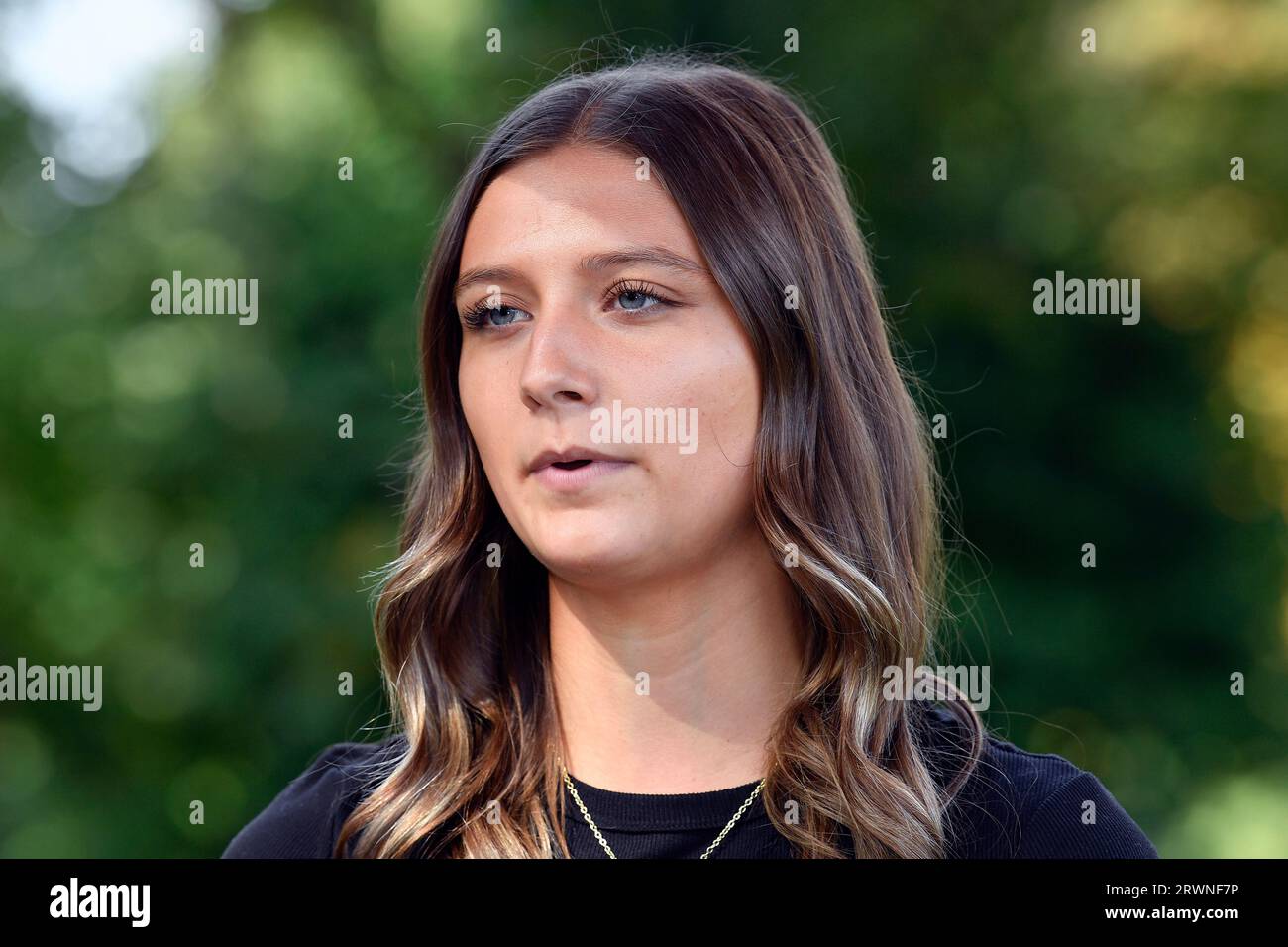 Hadley Duvall answers questions from a reporter during an interview in ...