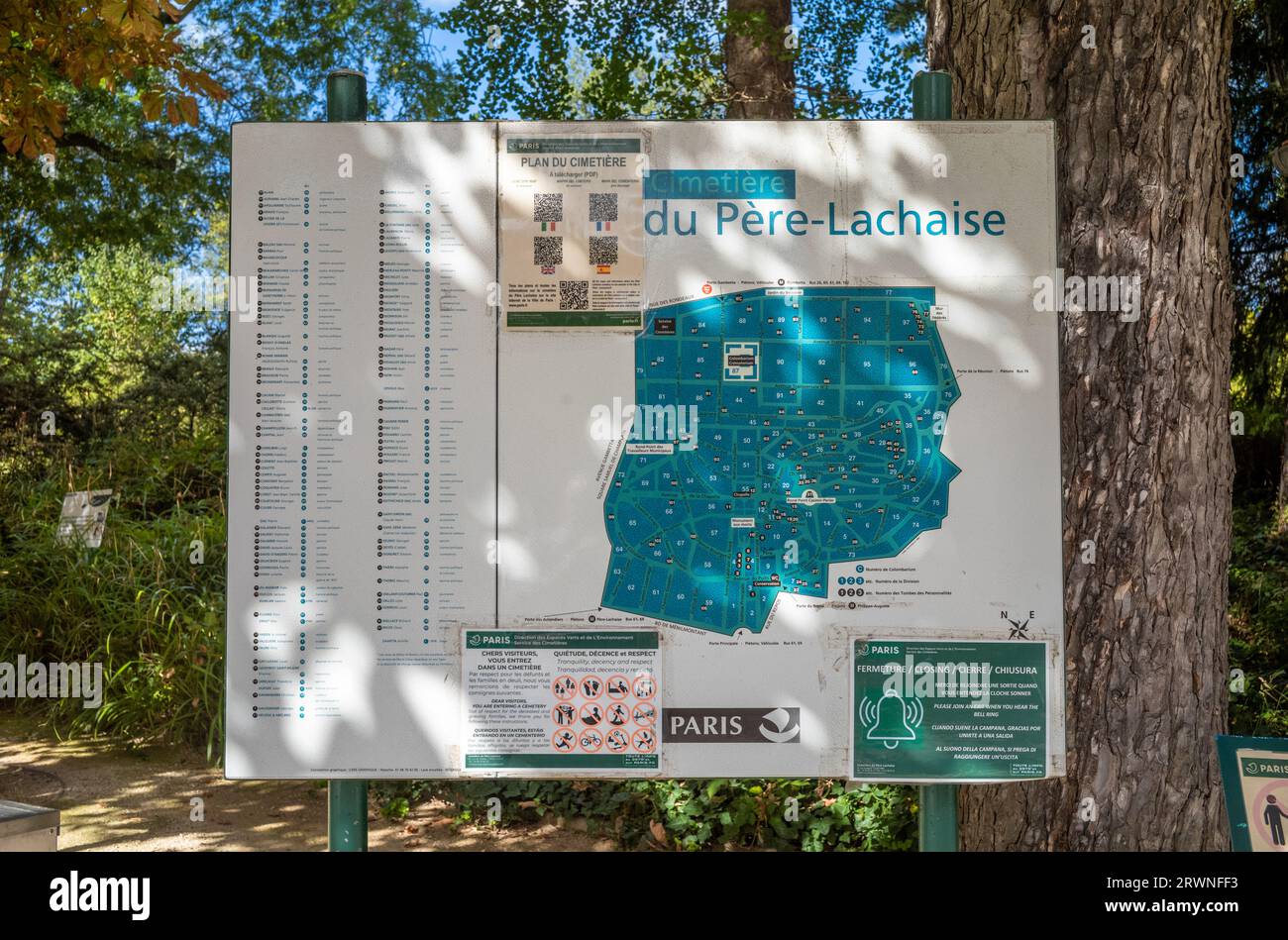 An information board at the entrance to Pere Lachaise Cemetary in Paris ...