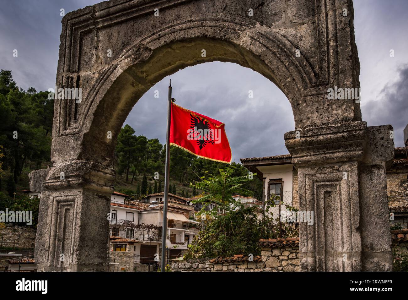 Berat, Albania - November 2022: waving flag at Ethnographic museum in ...