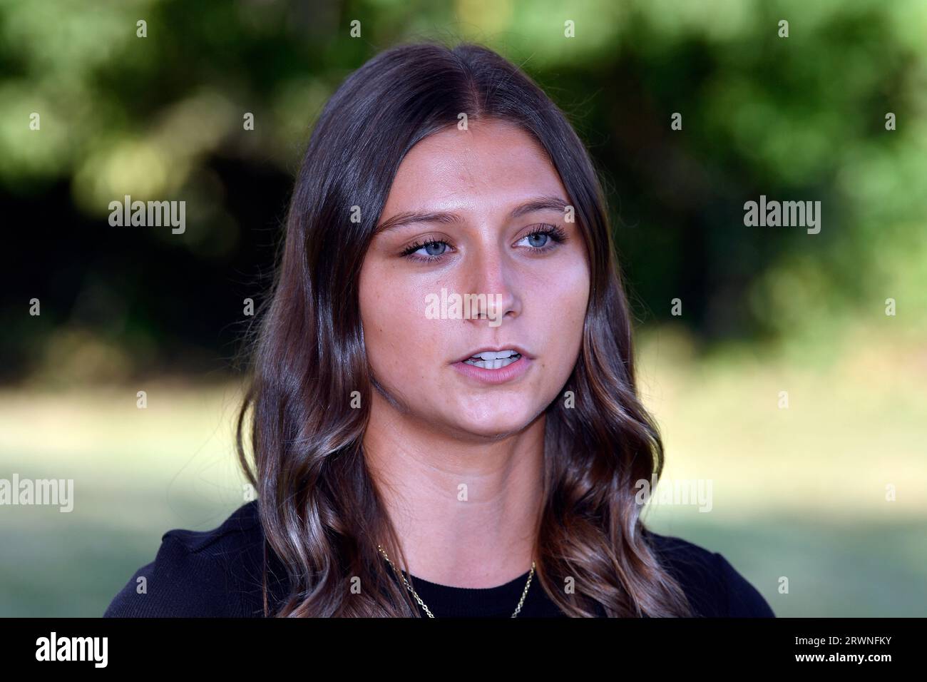 Hadley Duvall answers questions from a reporter during an interview in ...