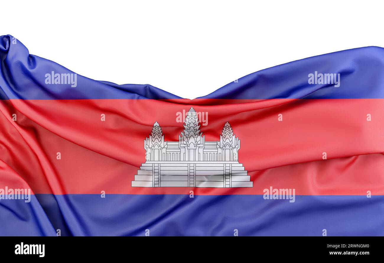 Flag of Cambodia isolated on white background with copy space above. 3D ...