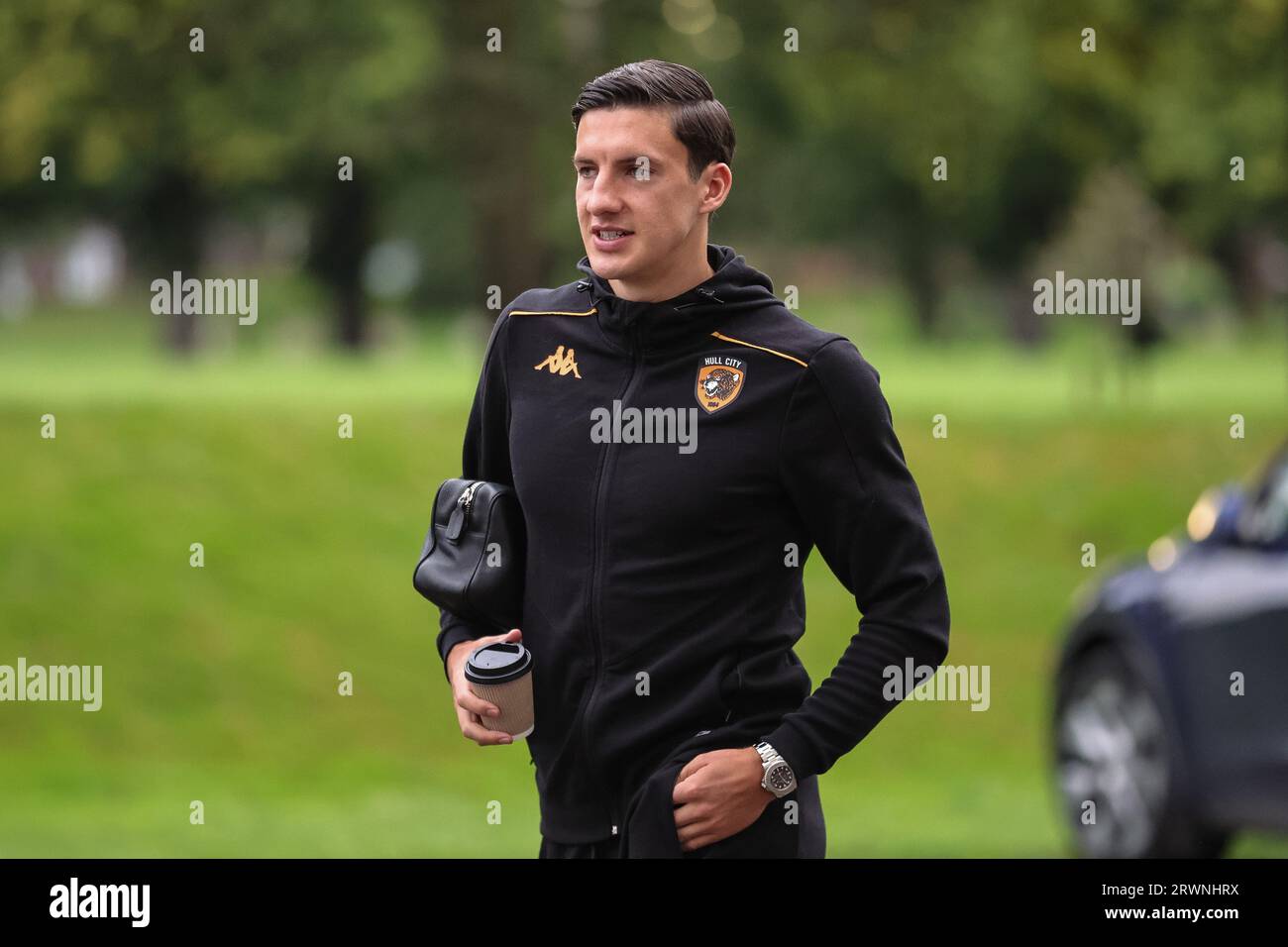 Alfie Jones #5 of Hull City arrives during the Sky Bet Championship ...