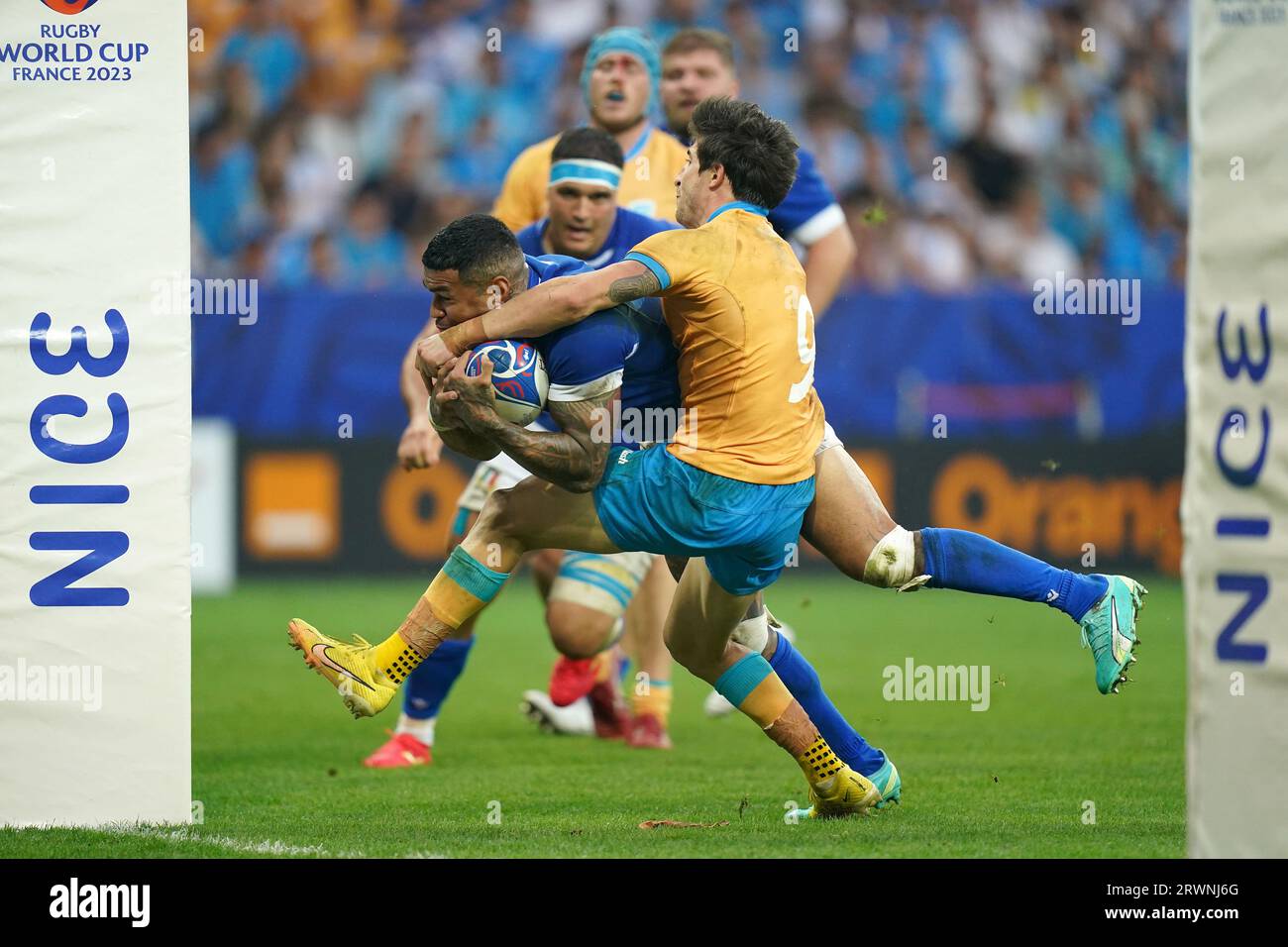 Italy's Monty Ioane scores their third try during the Rugby World Cup ...