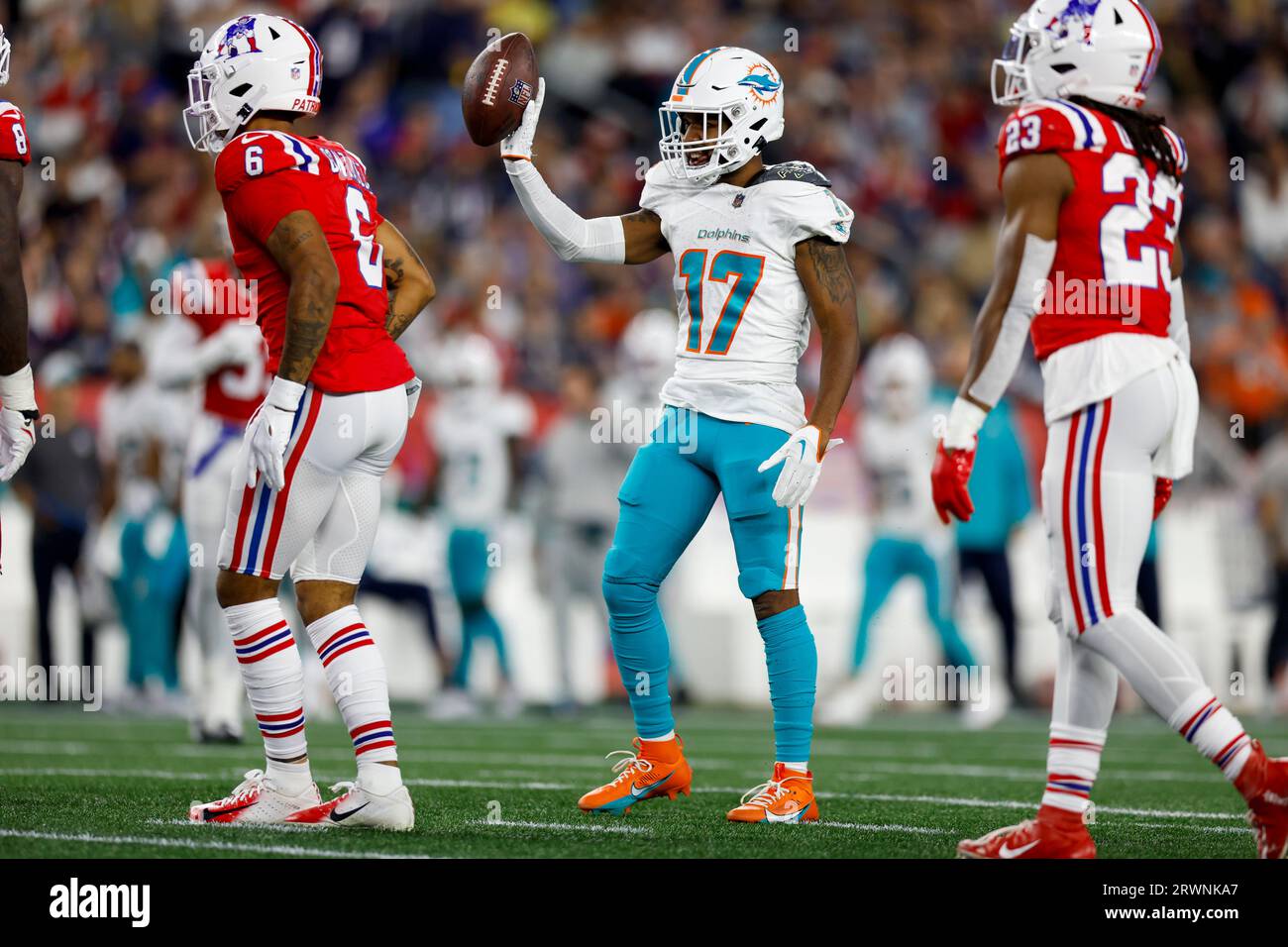 Miami Dolphins wide receiver Jaylen Waddle (17) reacts during the first ...