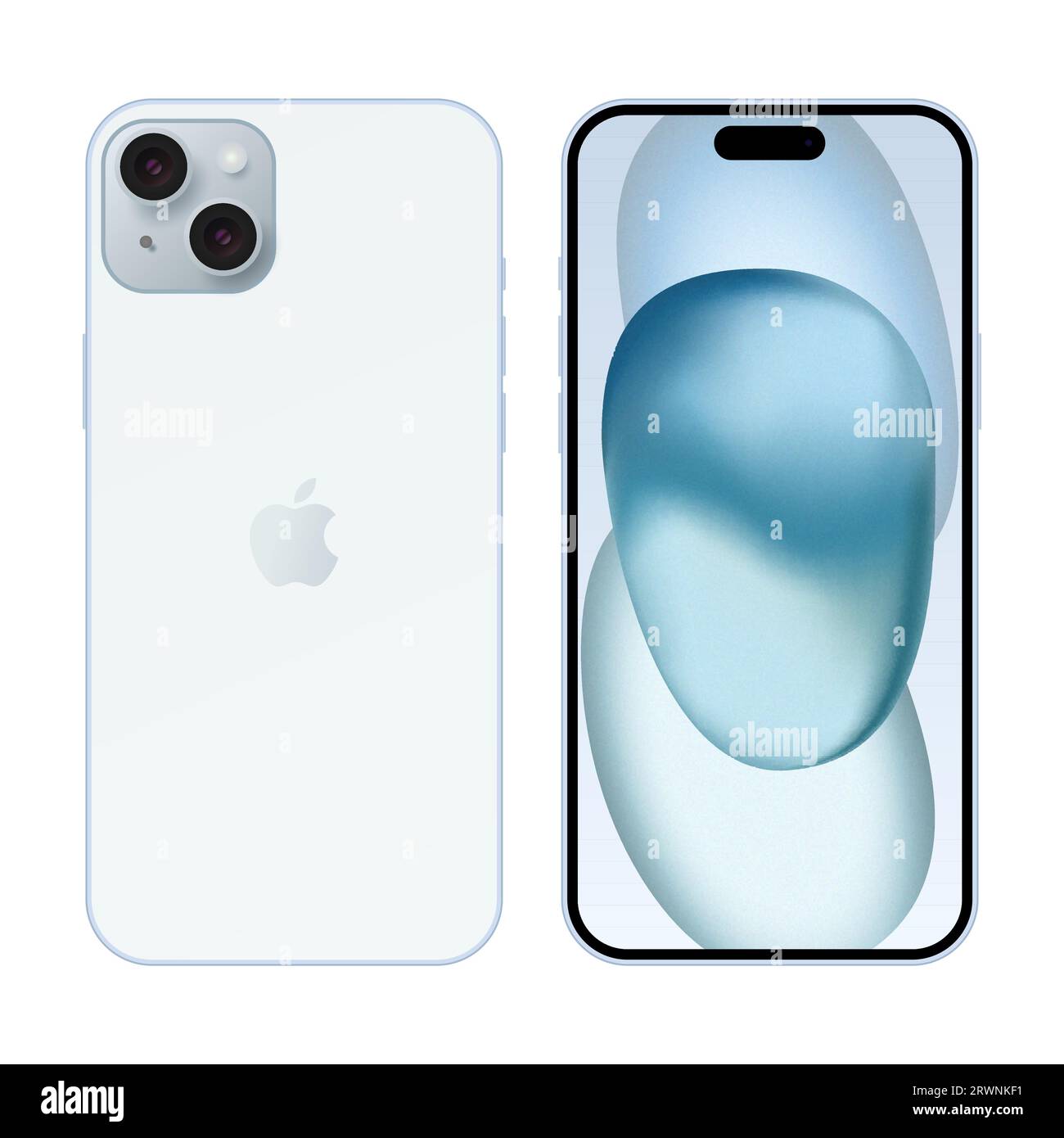 Apple iPhone 15 Plus Blue. Mockup front screen phone and back side ...