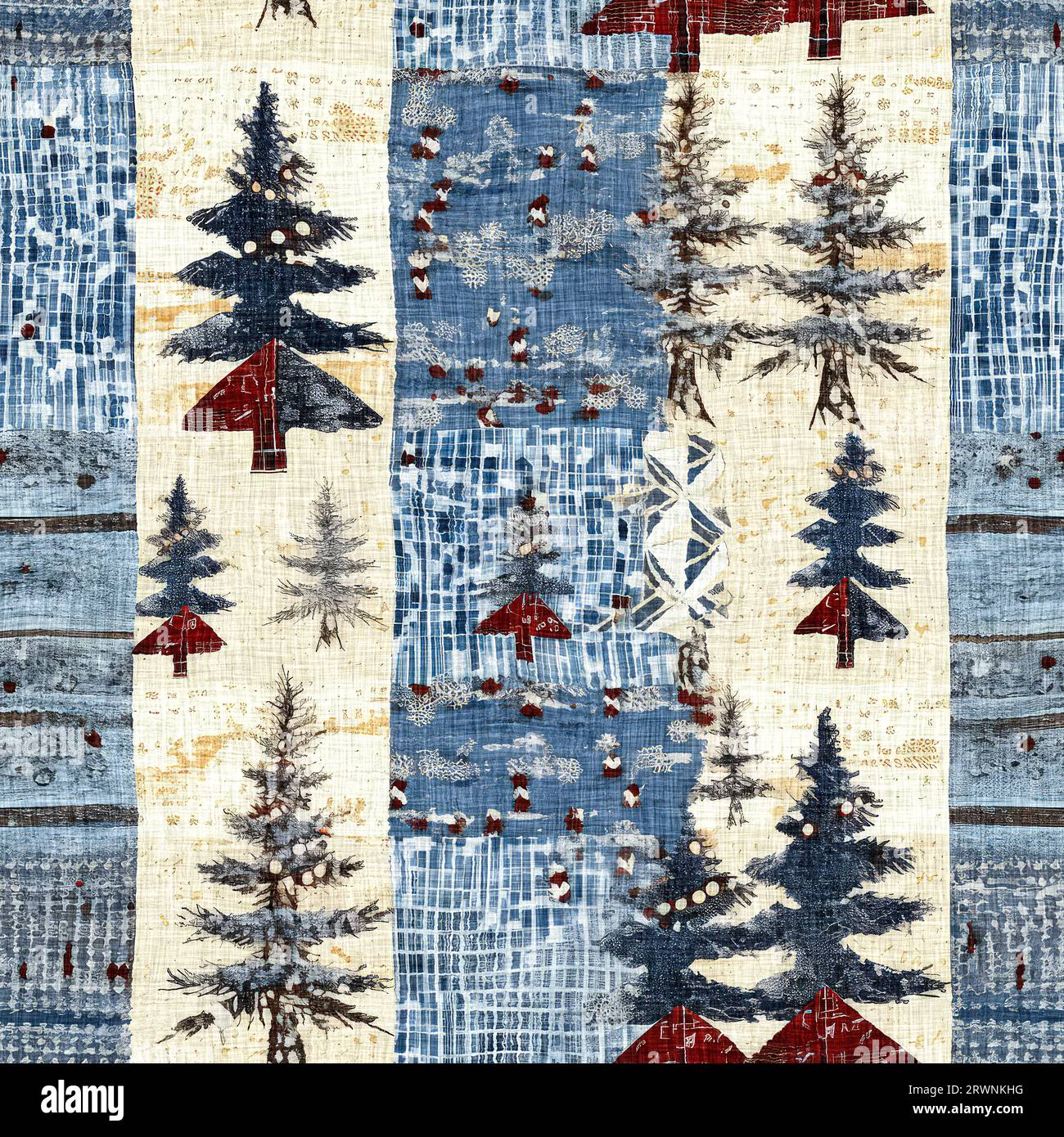 Old-Fashioned christmas tree with primitive hand sewing fabric effect ...