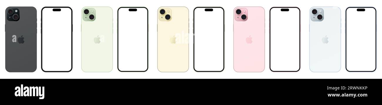 Apple iPhone 15 Plus set in different colors. Front and back side ...