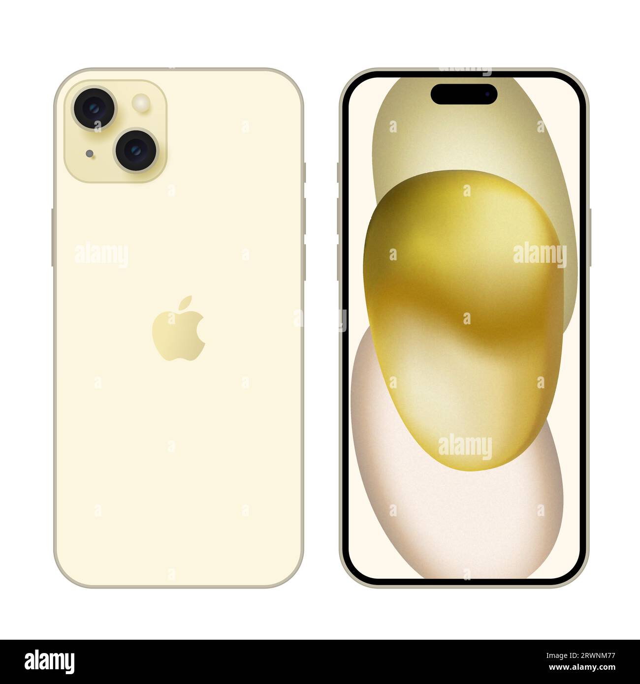 iPhone 15 Plus Yellow. Mockup front screen phone and back side iphone ...