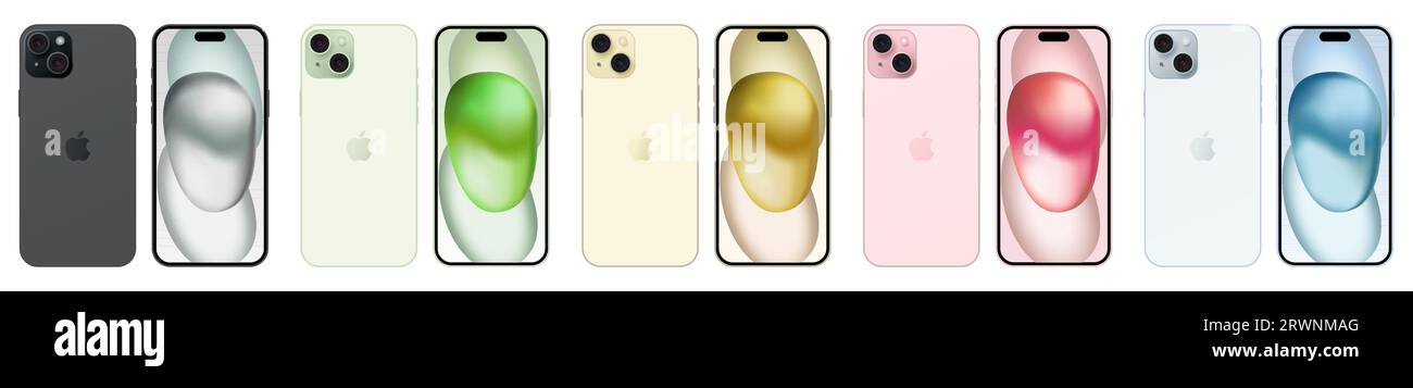iPhone 15 Plus phone set in different colors. Front and back side ...