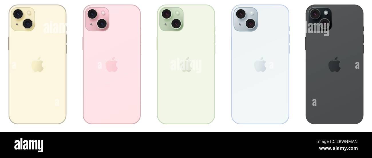 iPhone 15 Plus in different colors: yellow, pink, green, blue, black ...