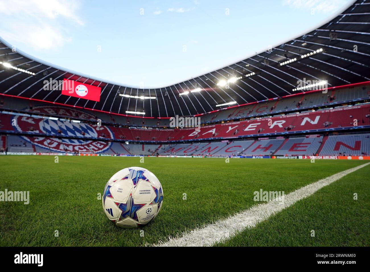 General view inside the stadium with a match ball on the pitch ahead of ...