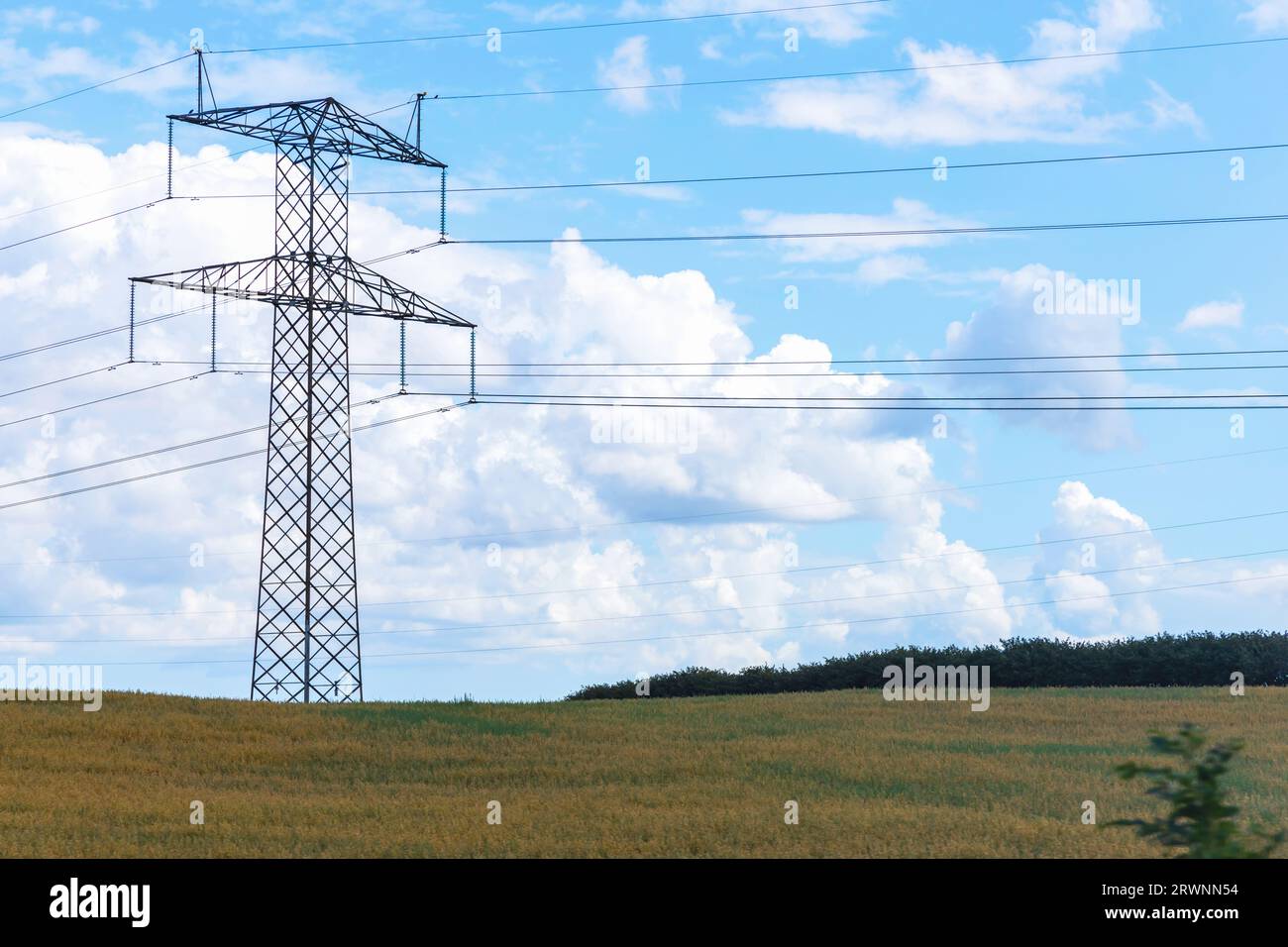 Electricity concept. High voltage power line pylons, electrical tower ...