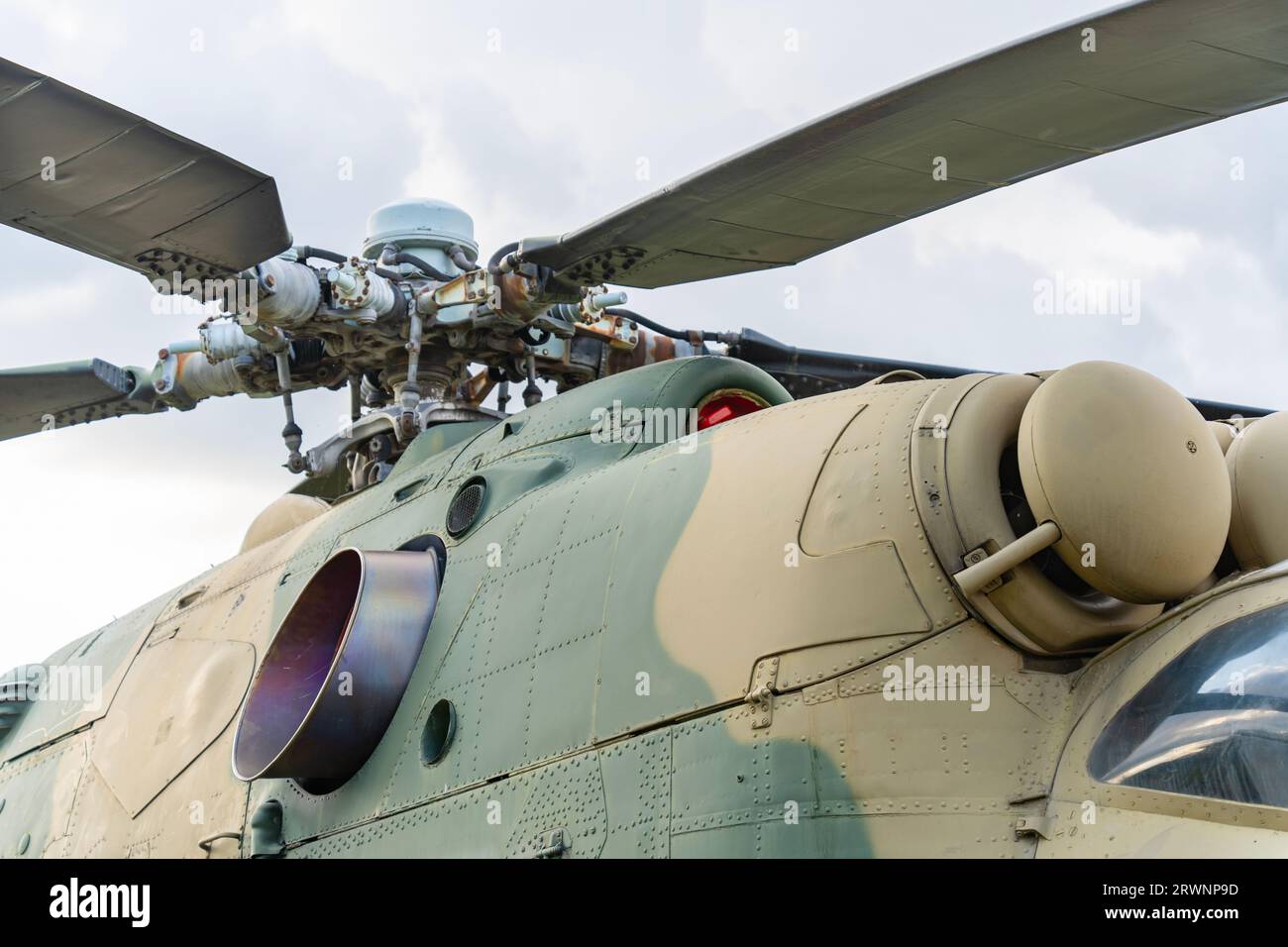 Old Soviet-made camouflage Mi-24 military helicopter propeller Stock ...