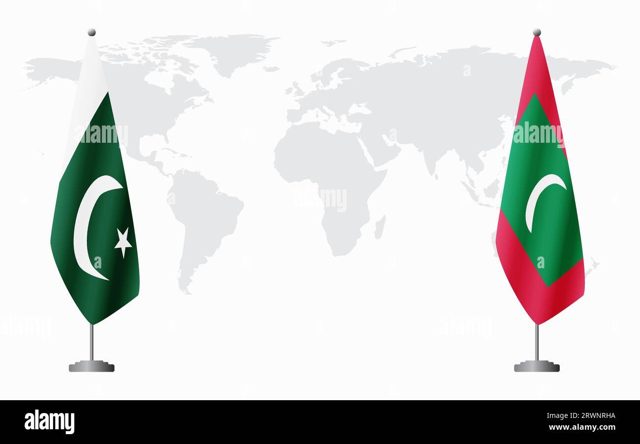 Pakistan and Maldives flags for official meeting against background of ...