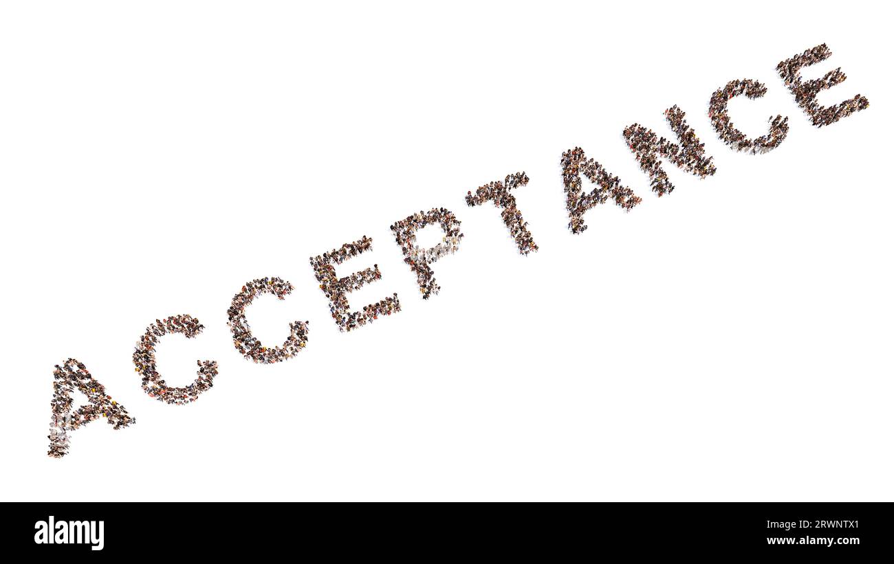 Conceptual large community of people forming the word ACCEPTANCE. 3d ...