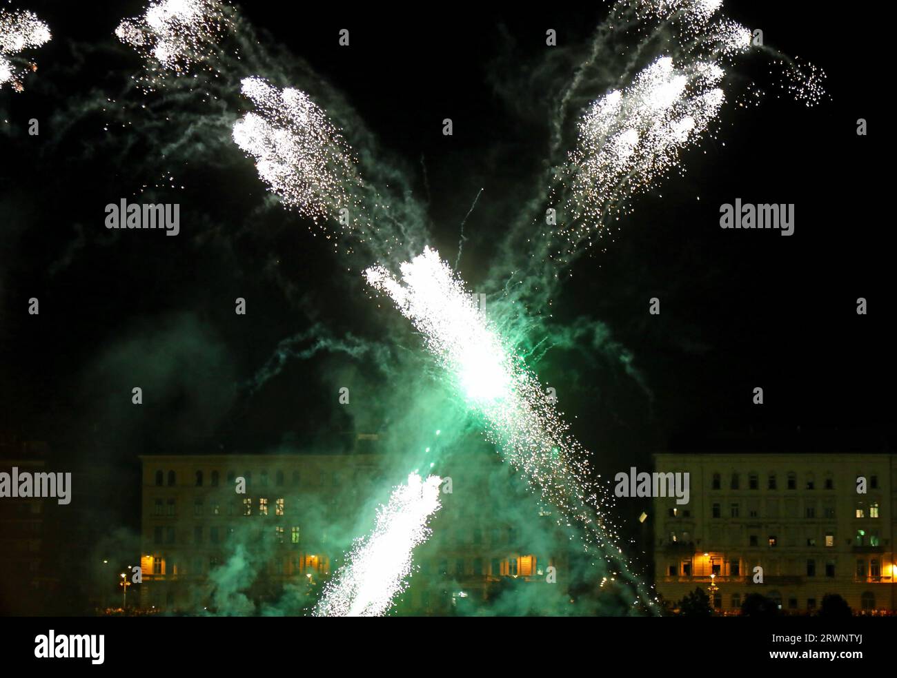 many sparkling glittering fireworks exploded in the sky during the ...