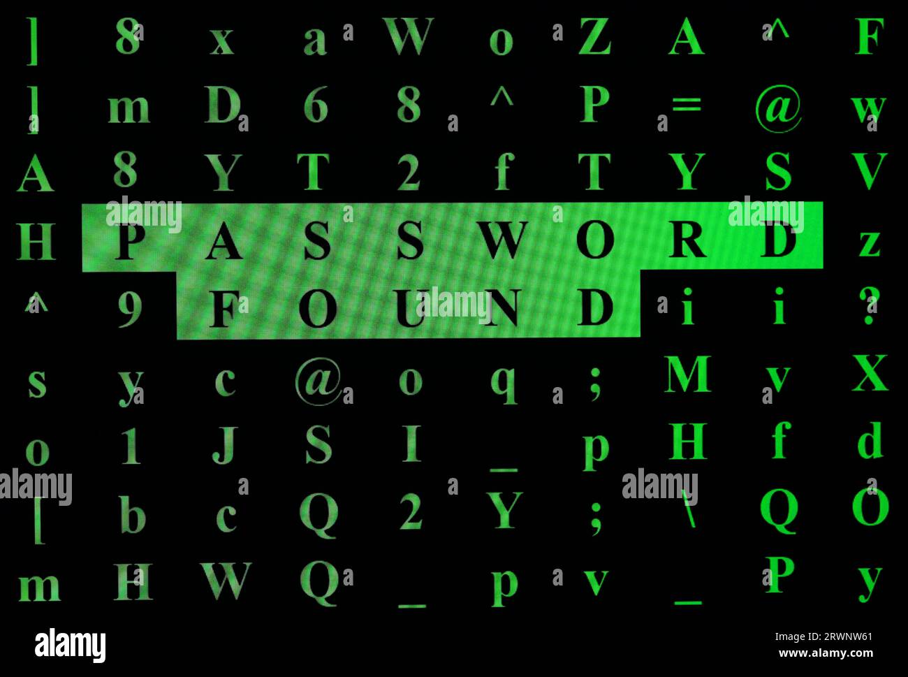 Green Text PASSWORD FOUND and random characters on black screen Stock ...