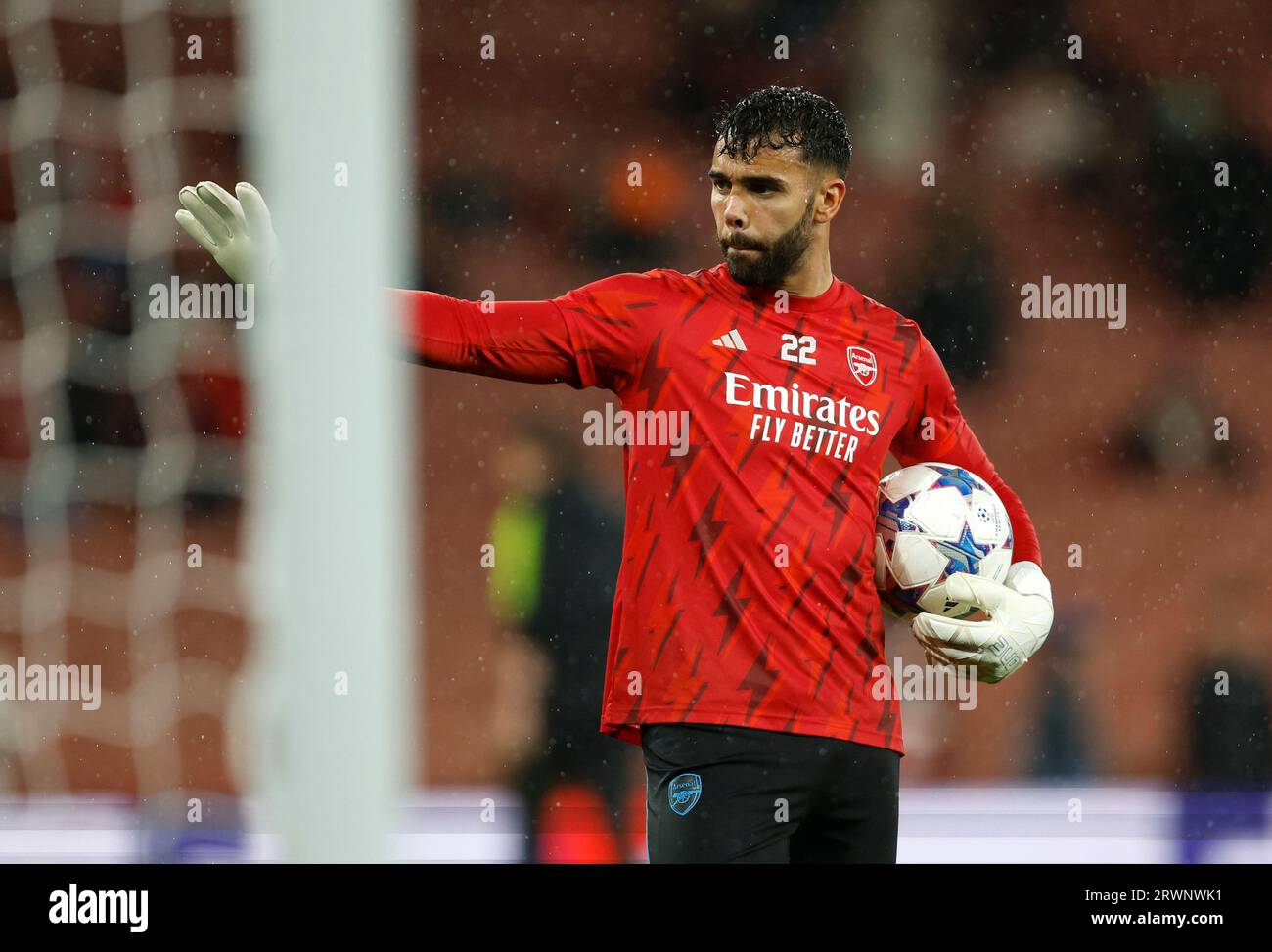 Arsenal goalkeeper David Raya warming up before the UEFA Champions ...
