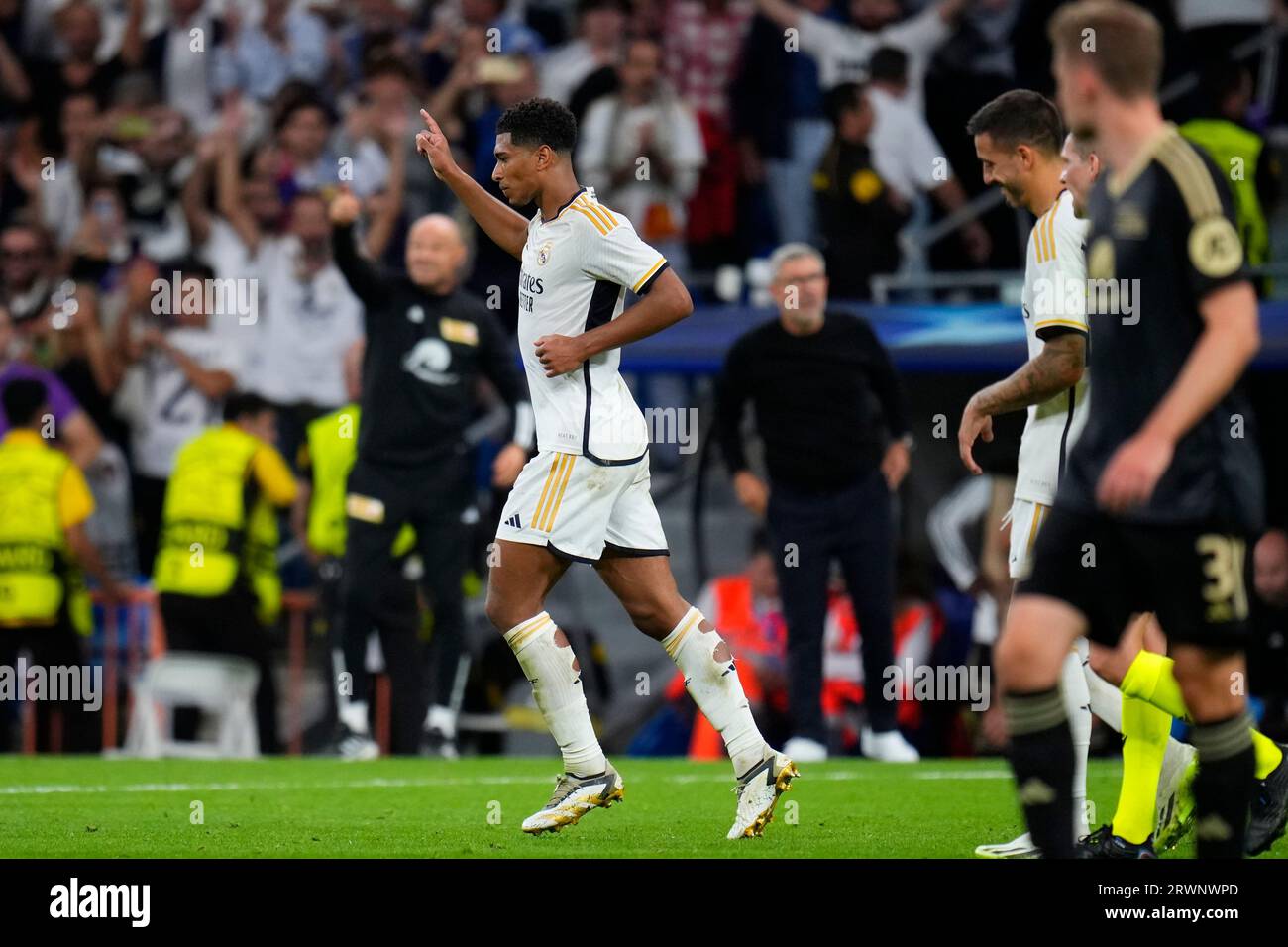 Real Madrid's Jude Bellingham celebrates after scoring his side's first ...