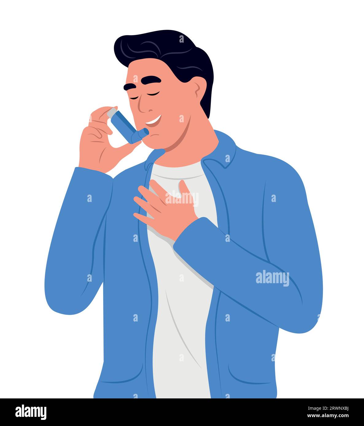 Man uses an asthma inhaler against attack. World asthma day. Bronchial ...