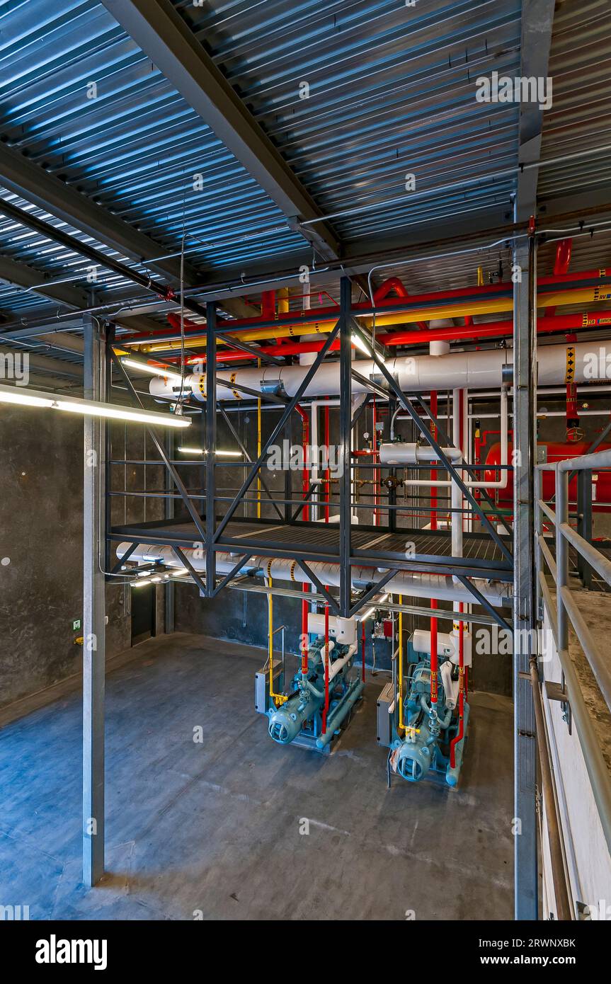 Compressor room in ammonia-cycle industrial refrigeration cold-storage ...