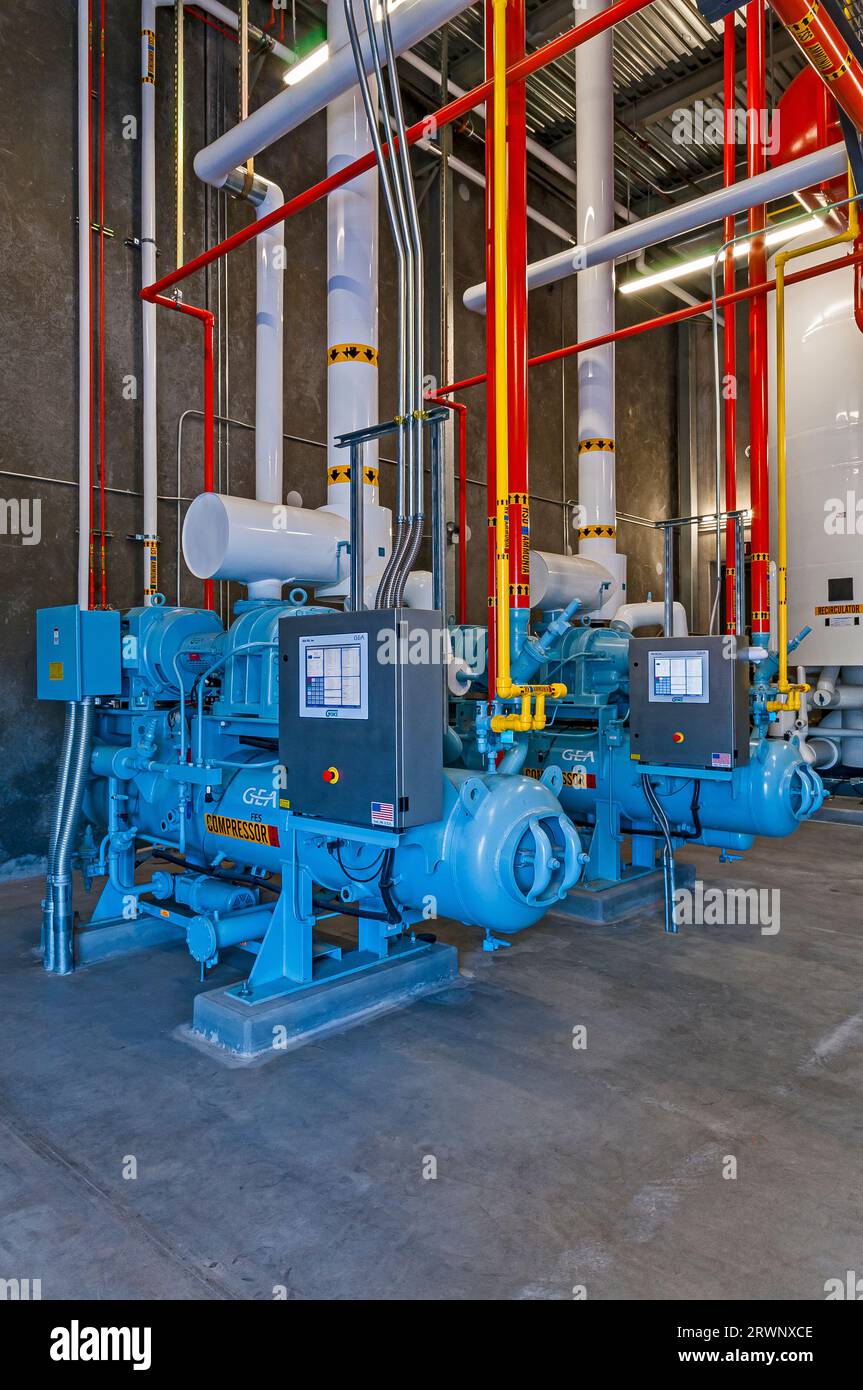 Compressor room in ammonia-cycle industrial refrigeration cold-storage ...