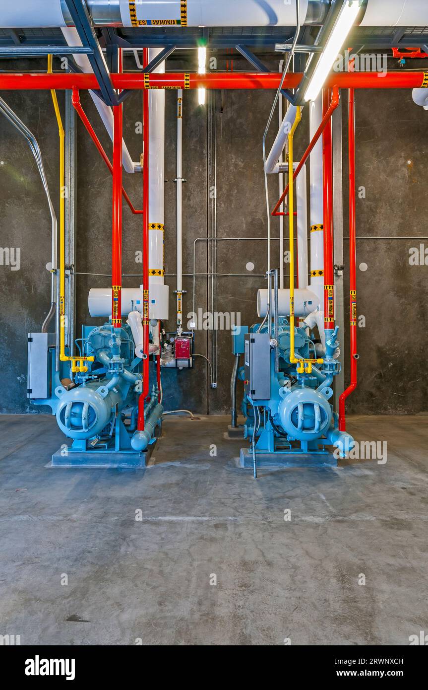 Compressor room in ammonia-cycle industrial refrigeration cold-storage ...