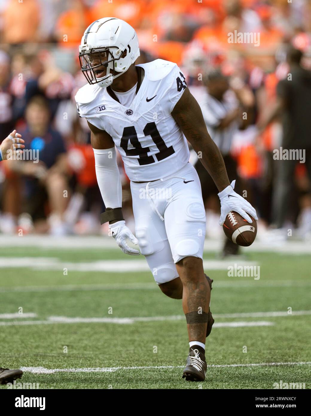 Penn State linebacker Kobe King celebrates his interception of a pass ...