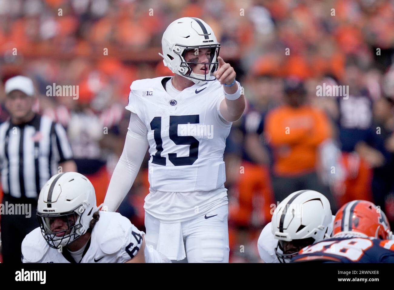 Penn State quarterback Drew Allar points out a defensive player during ...