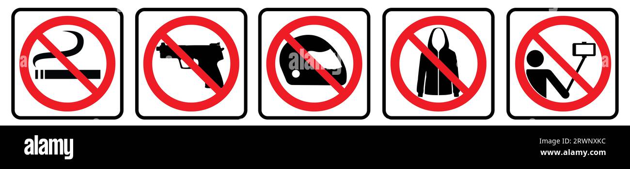 Prohibition Sign collection. No Smoking, No Weapon, No helmet, No ...