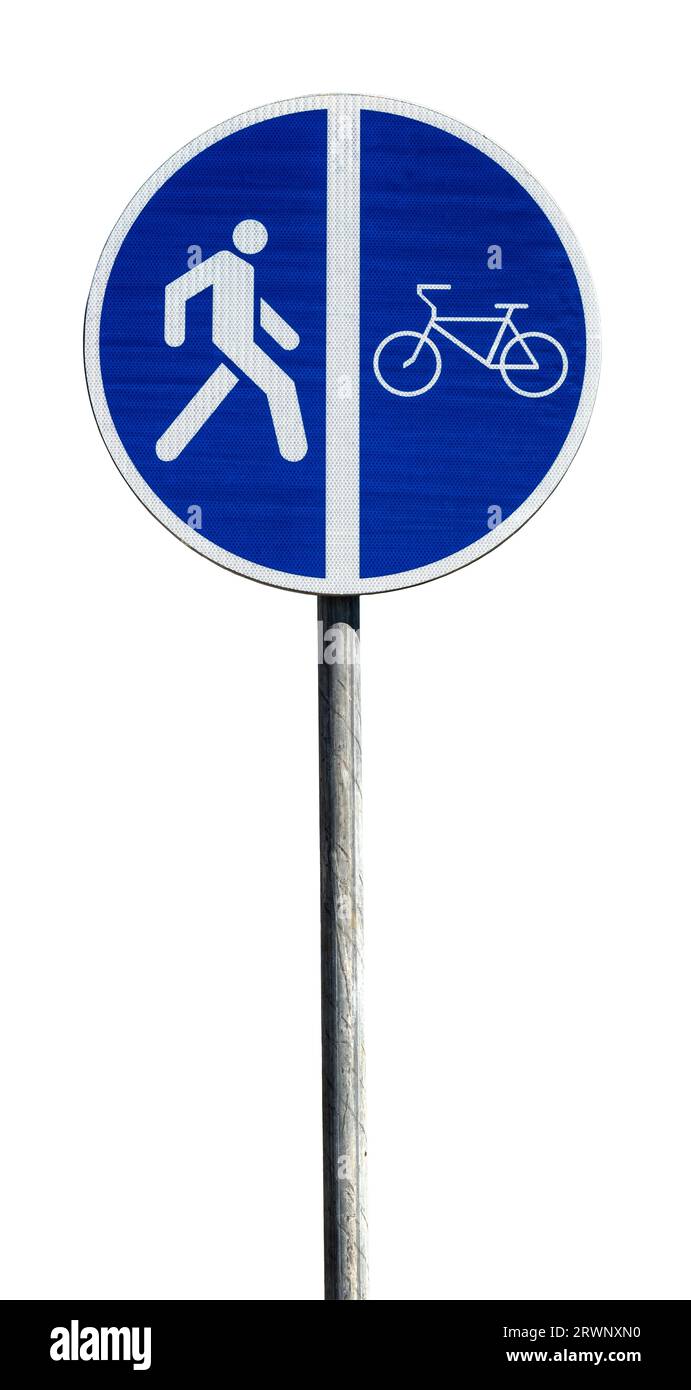 Road sign for cyclists and pedestrians on a white background Stock ...