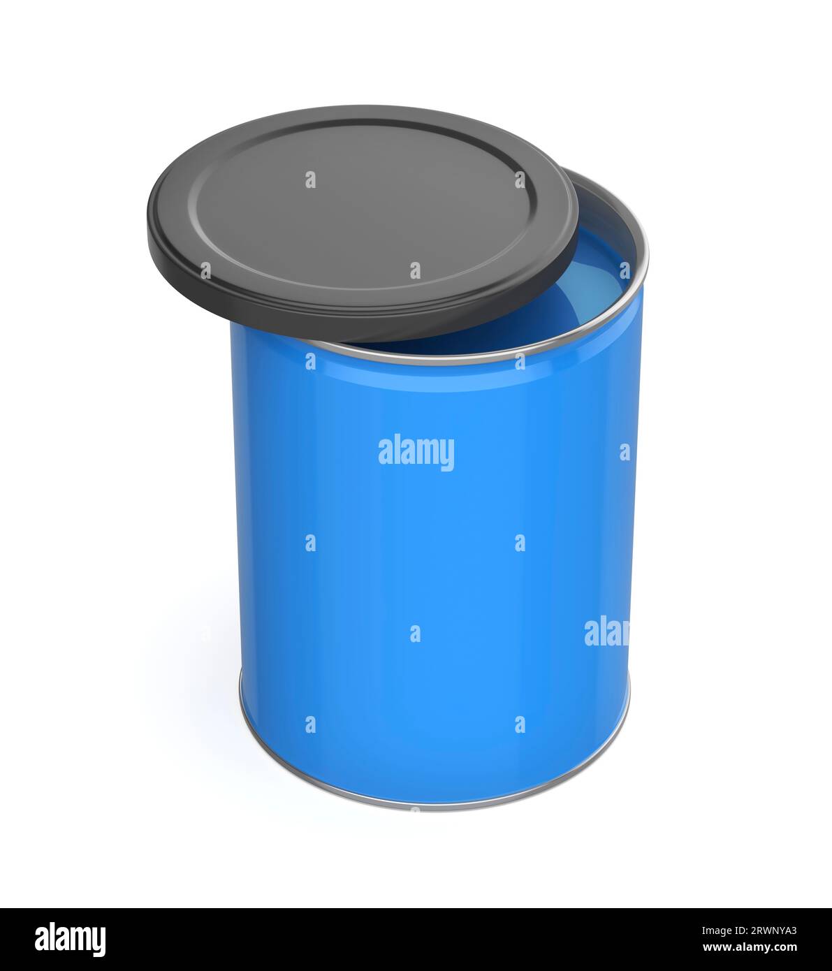 Metal can with blue paint on white background Stock Photo - Alamy