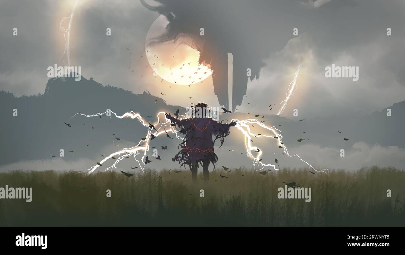 Wizard casting spell in the field, digital art style, illustration ...