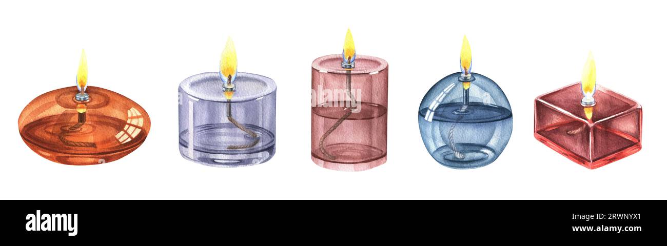 set of watercolor illustration with oil lamp made of blown glass on ...