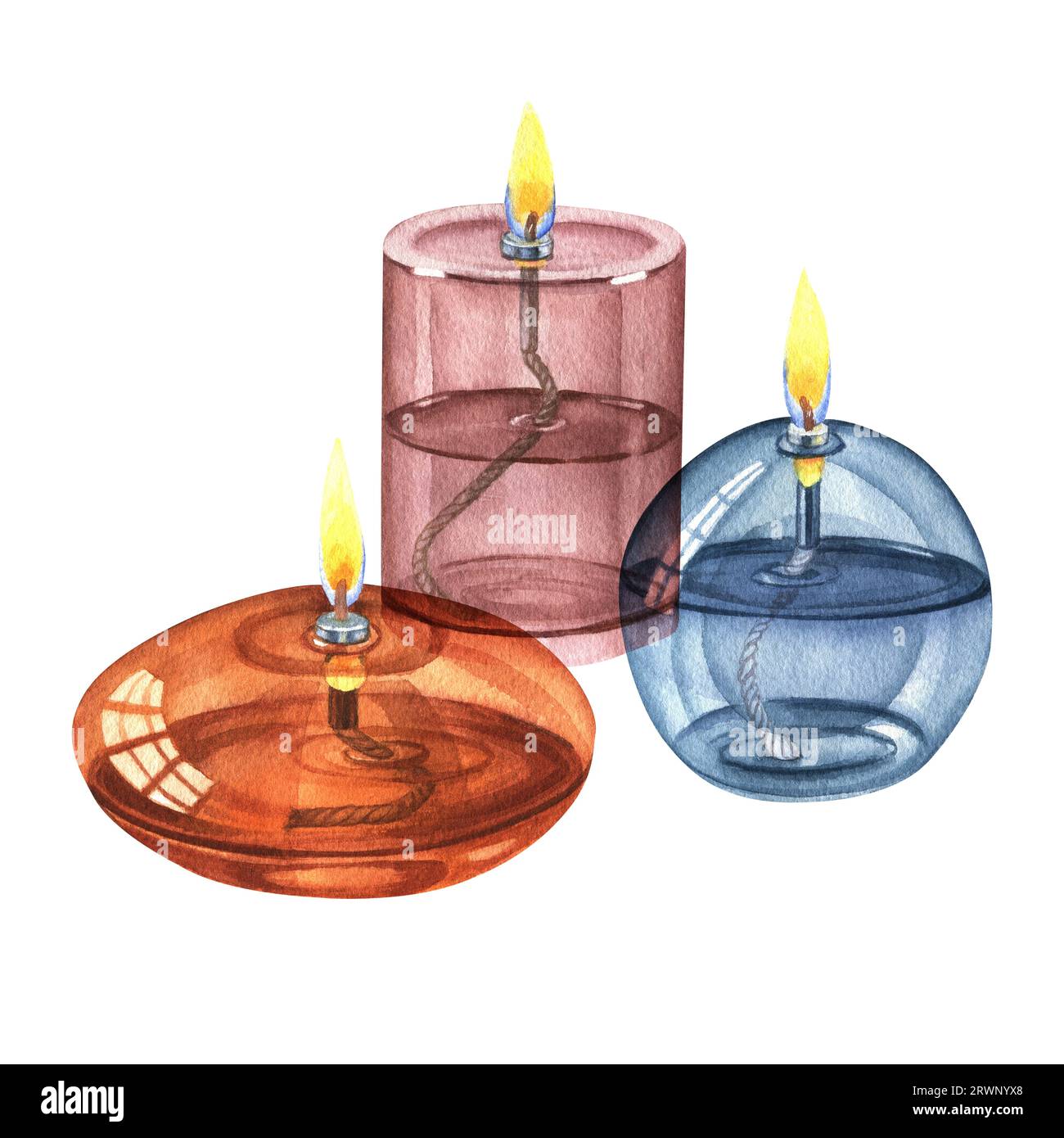 Watercolor illustration with oil lamps made of blown glass on white ...