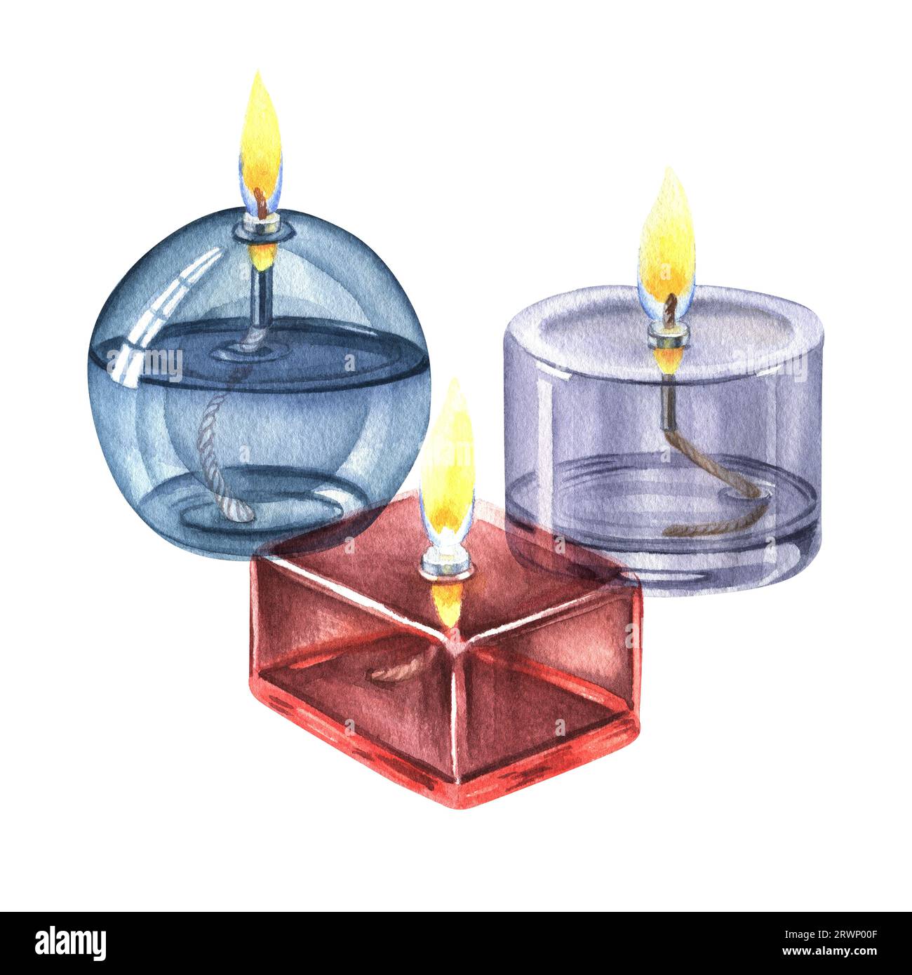 Watercolor illustration with oil lamps made of blown glass on white ...