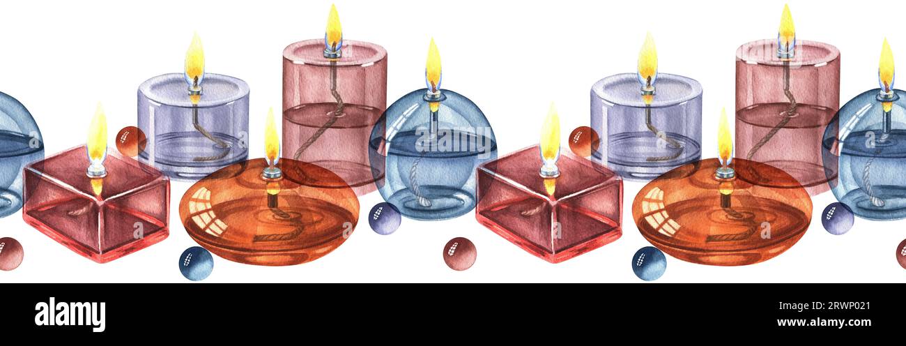 Watercolor seamless border with oil lamps made of blown glass on white ...