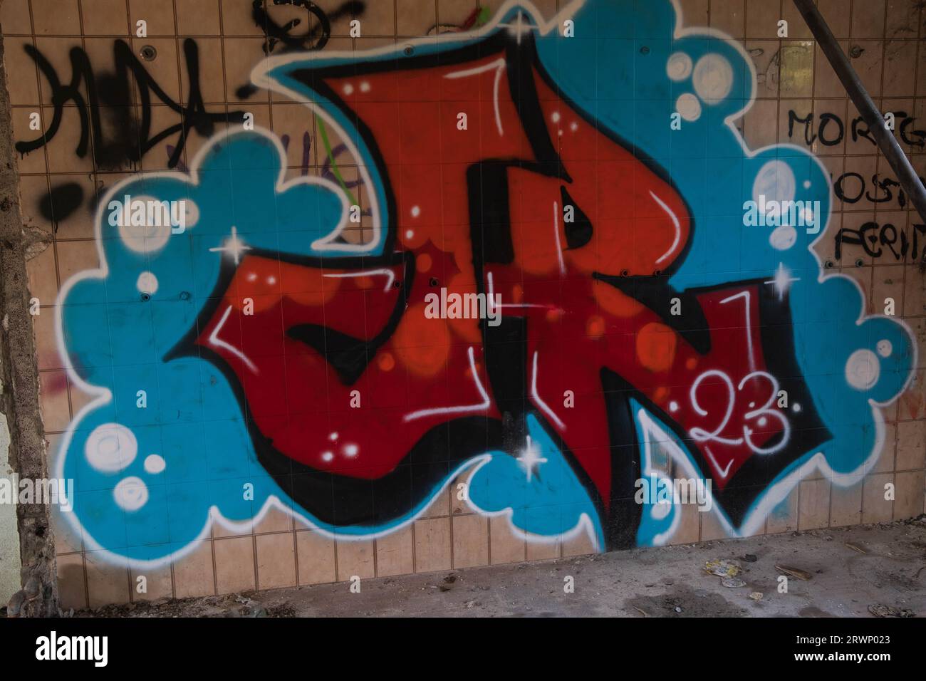 Old swimming pool center full of trash, rubbish, overgrown facility in ...