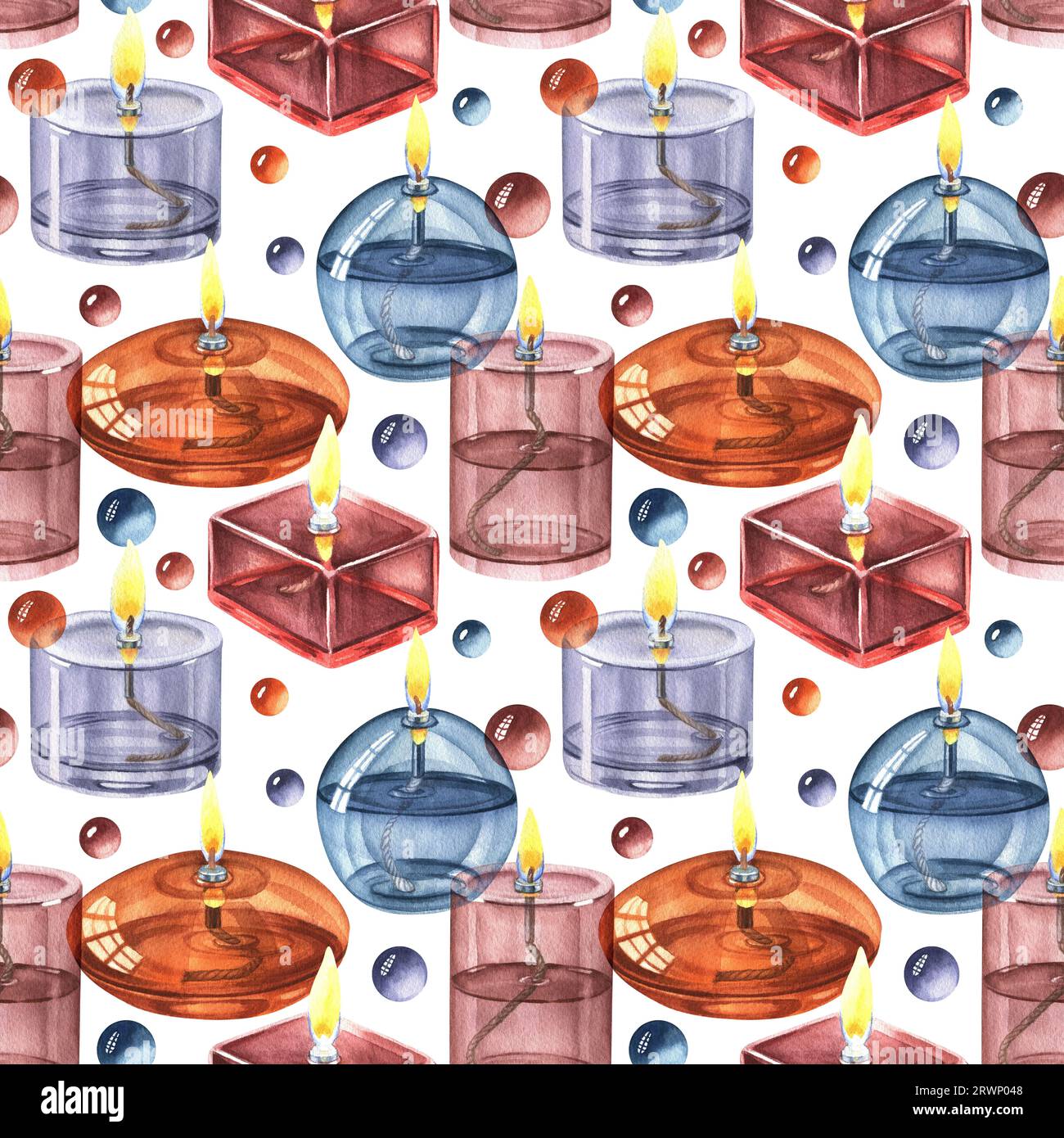 Watercolor seamless pattern with oil lamps made of blown glass on white ...
