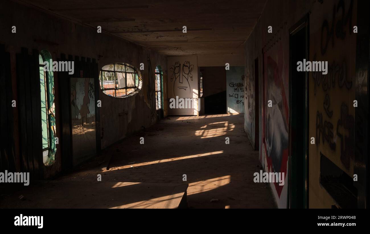 Old swimming pool center full of trash, rubbish, overgrown facility in ...