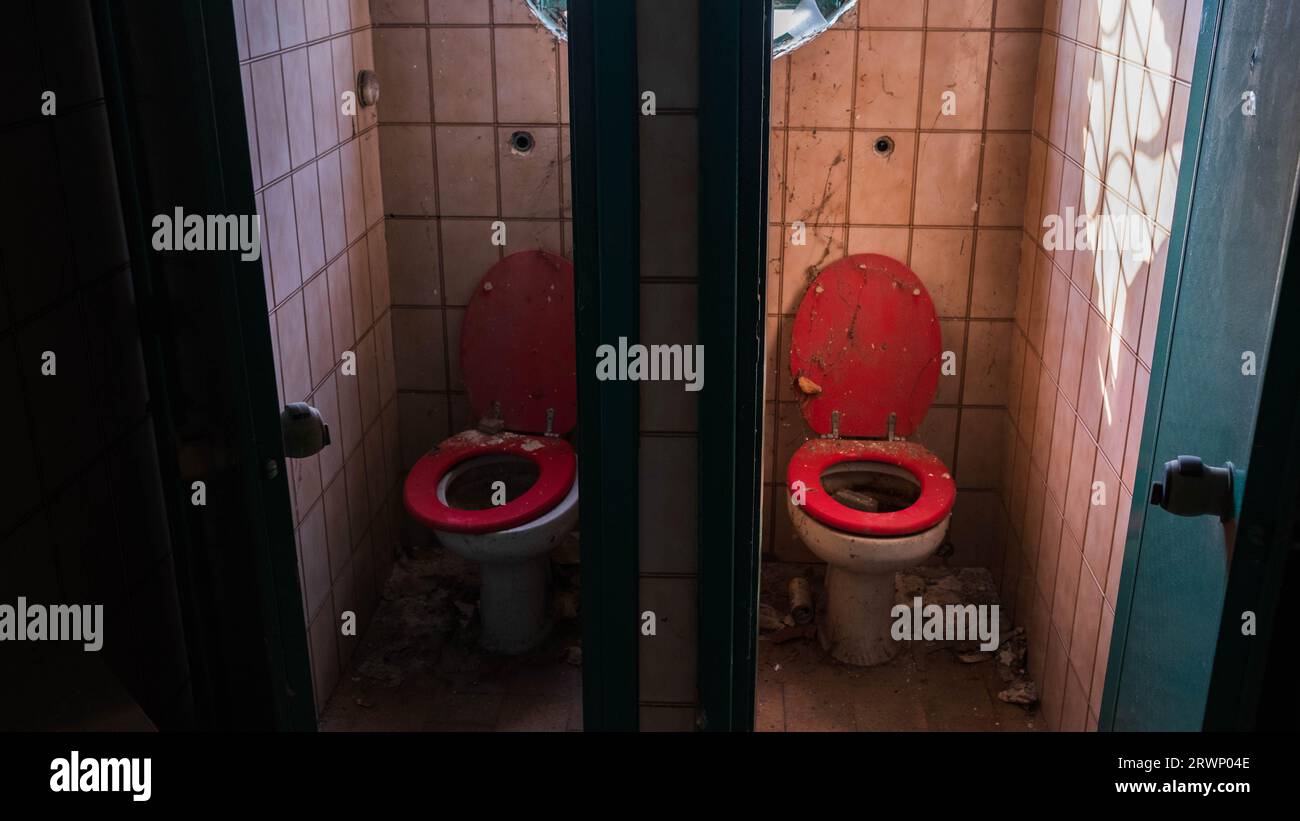 Old swimming pool center full of trash, rubbish, overgrown facility in ...