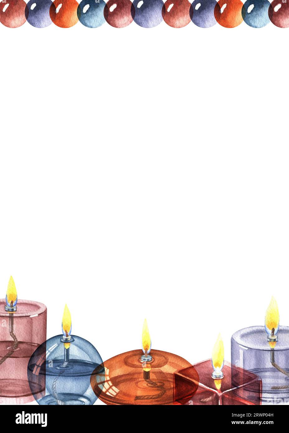 Watercolor composition with oil lamps made of blown glass on white ...
