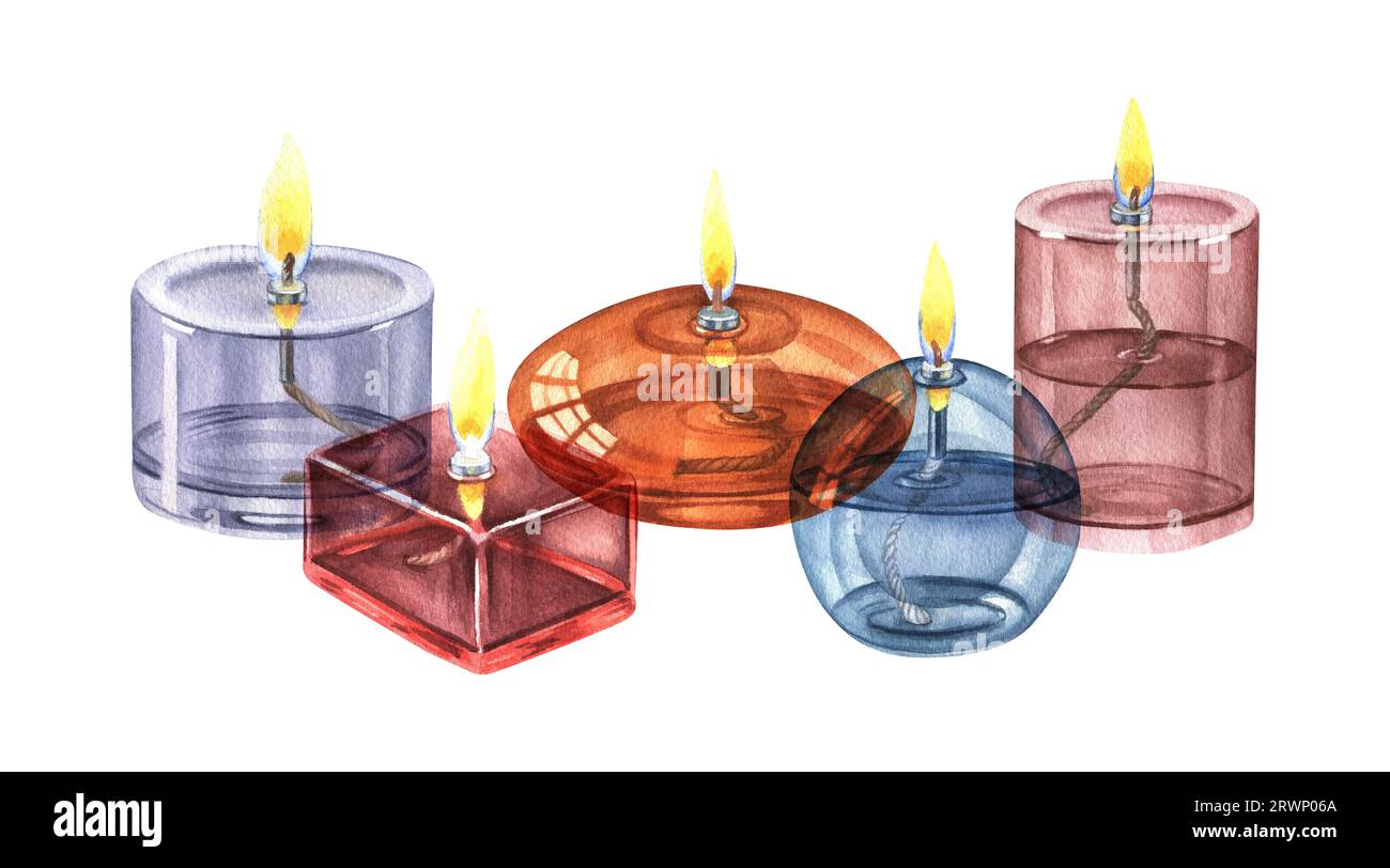 Watercolor composition with oil lamps made of blown glass on white ...