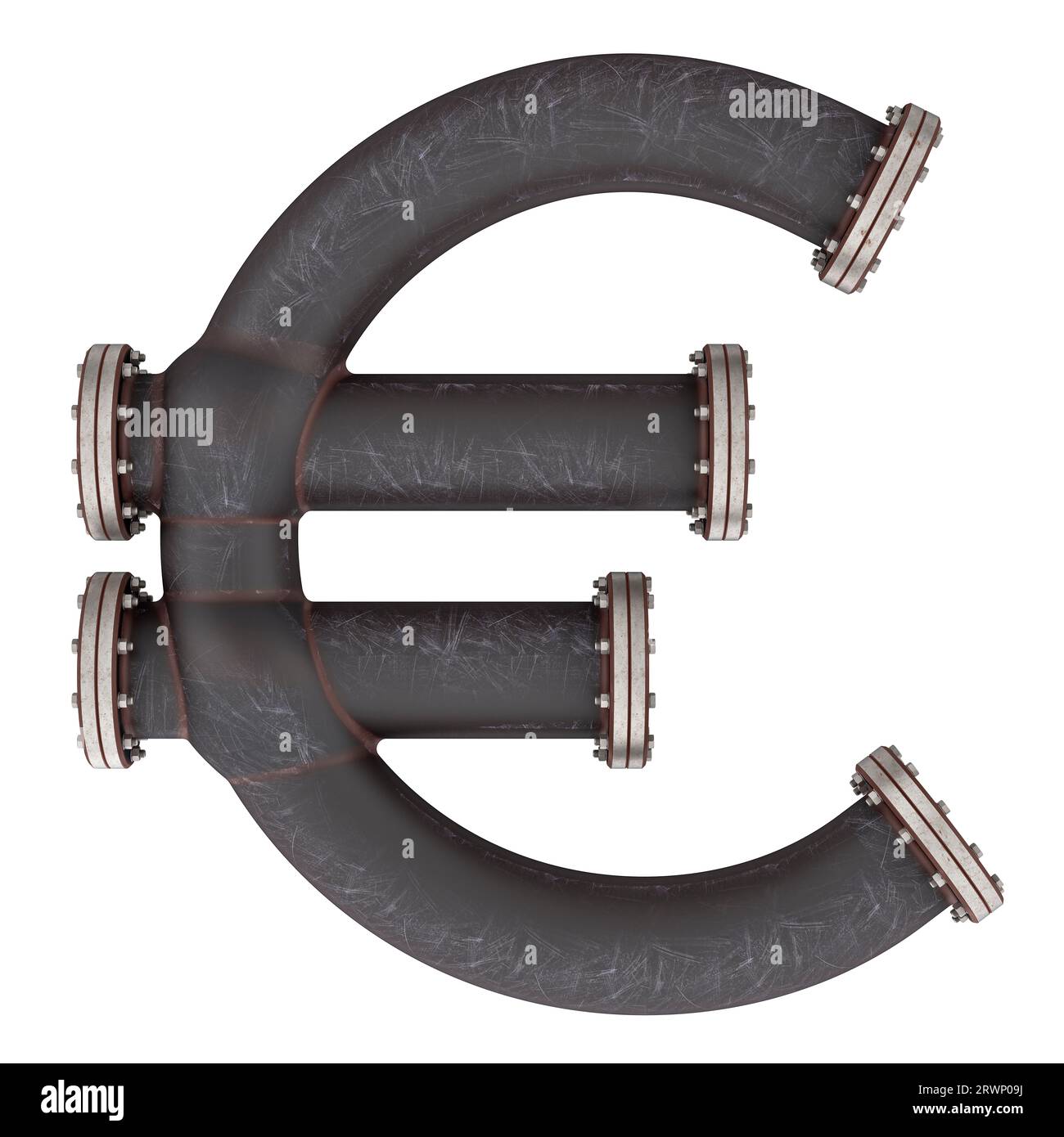 Euro sign from cast iron pipes, 3D rendering isolated on white ...