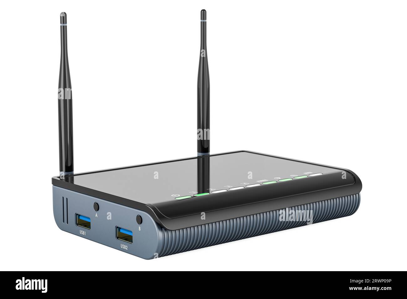 Wireless Internet Router, black color. 3D rendering isolated on white ...