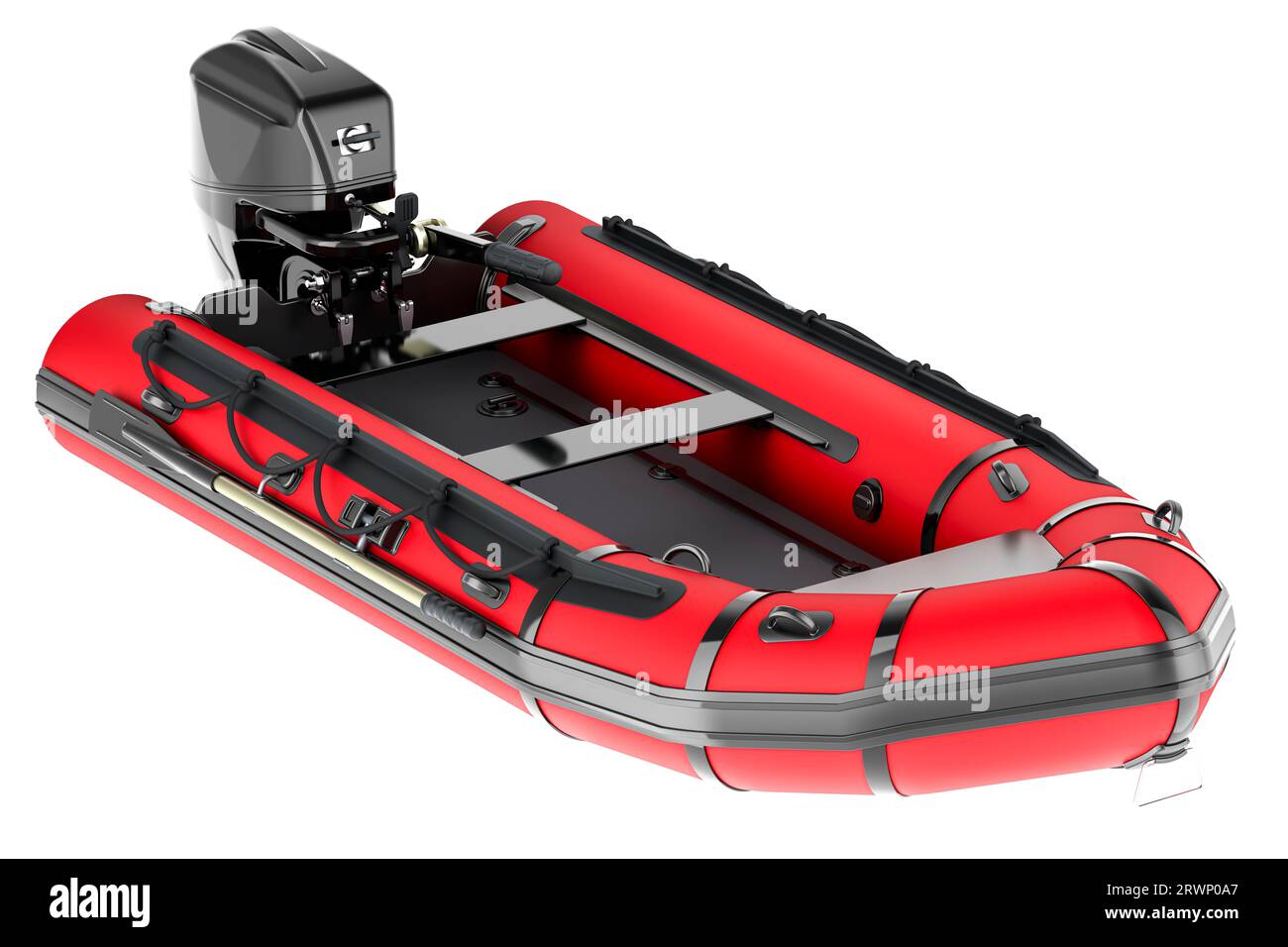 Red inflatable boat with outboard motor, 3D rendering isolated on white ...