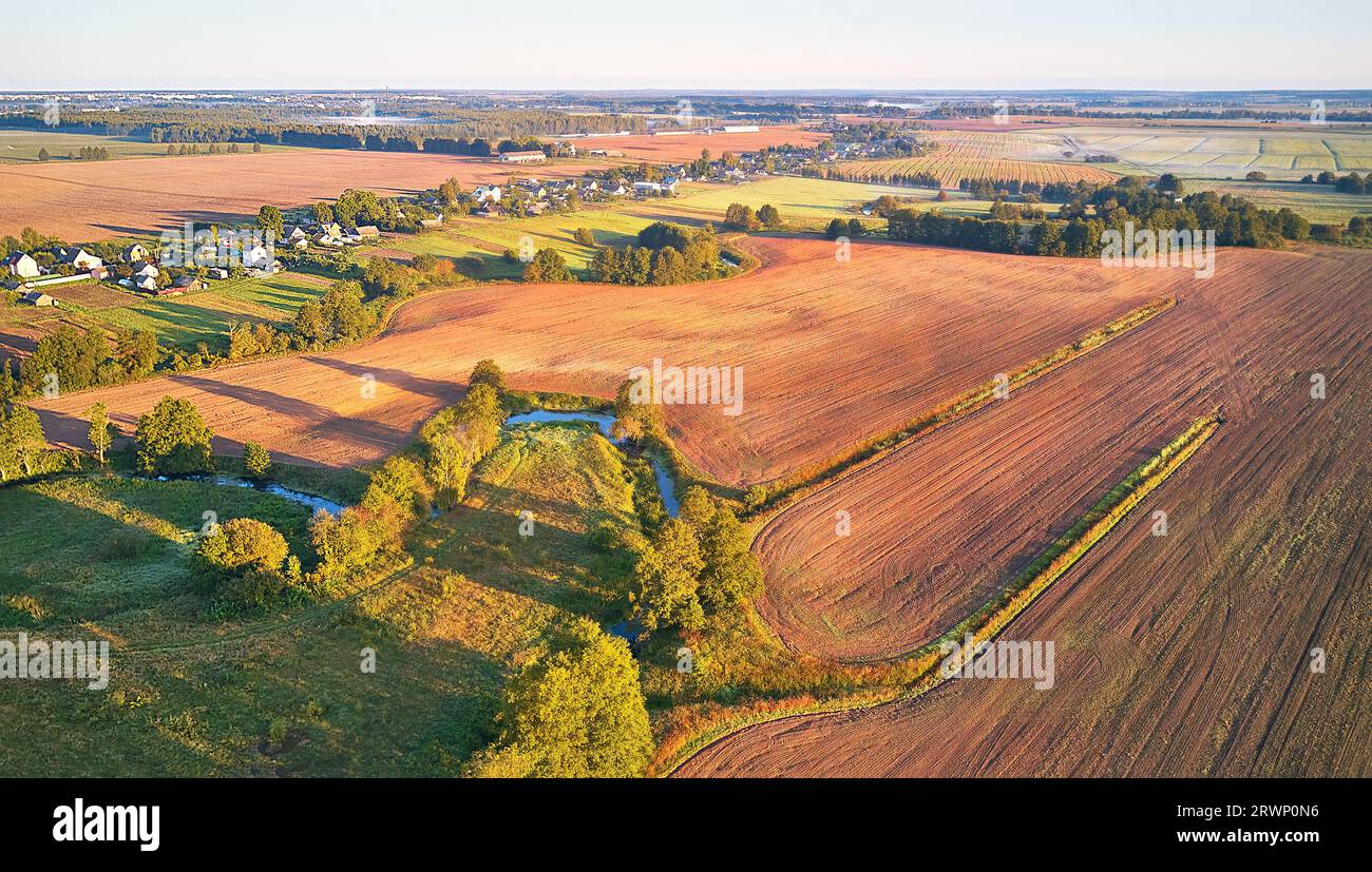 Warm sunny September morning. Autumn beautiful fog landscape. Small ...