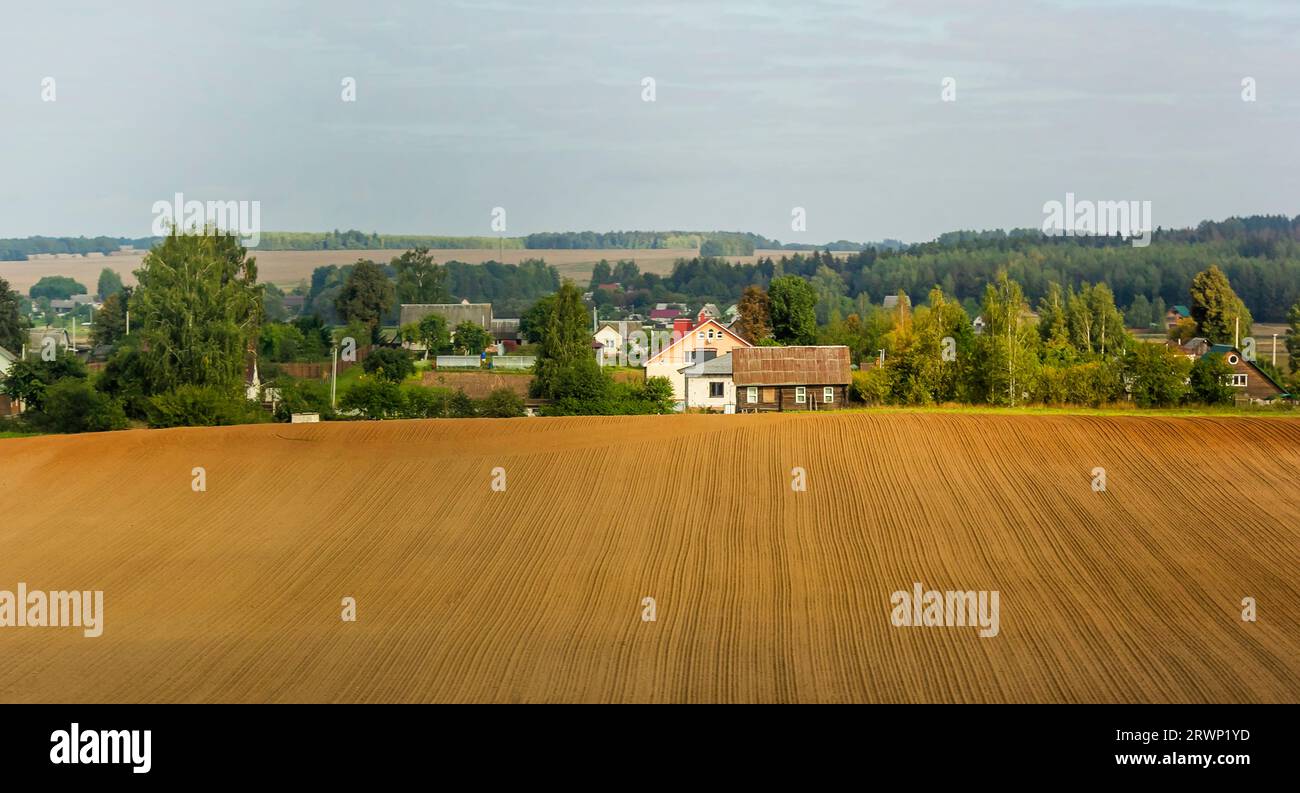 Traditional field in Belarus. Houses in the countryside against a ...