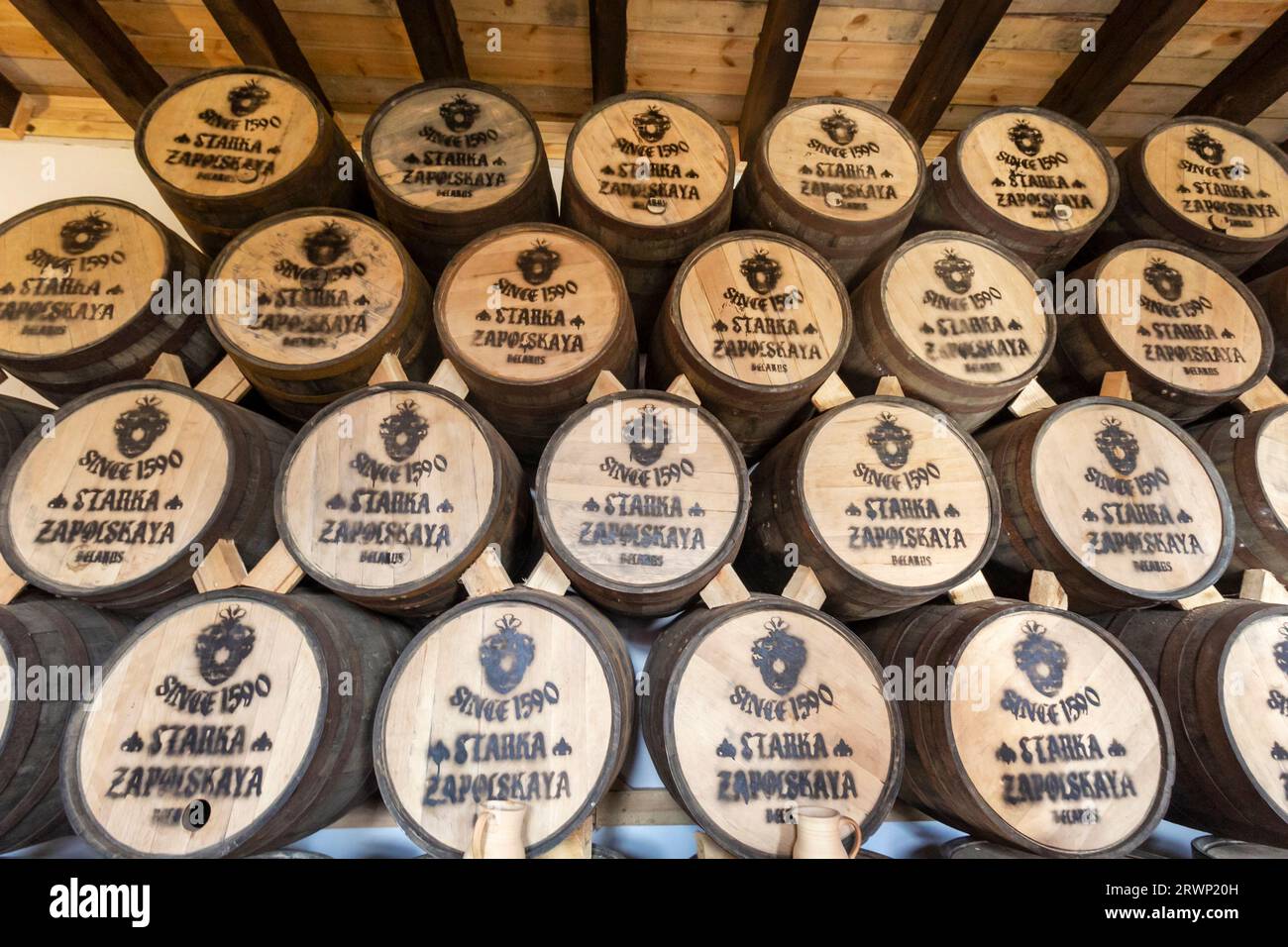 September 17, 2023 Belarus, Sula. Oak barrels with Starka alcoholic ...