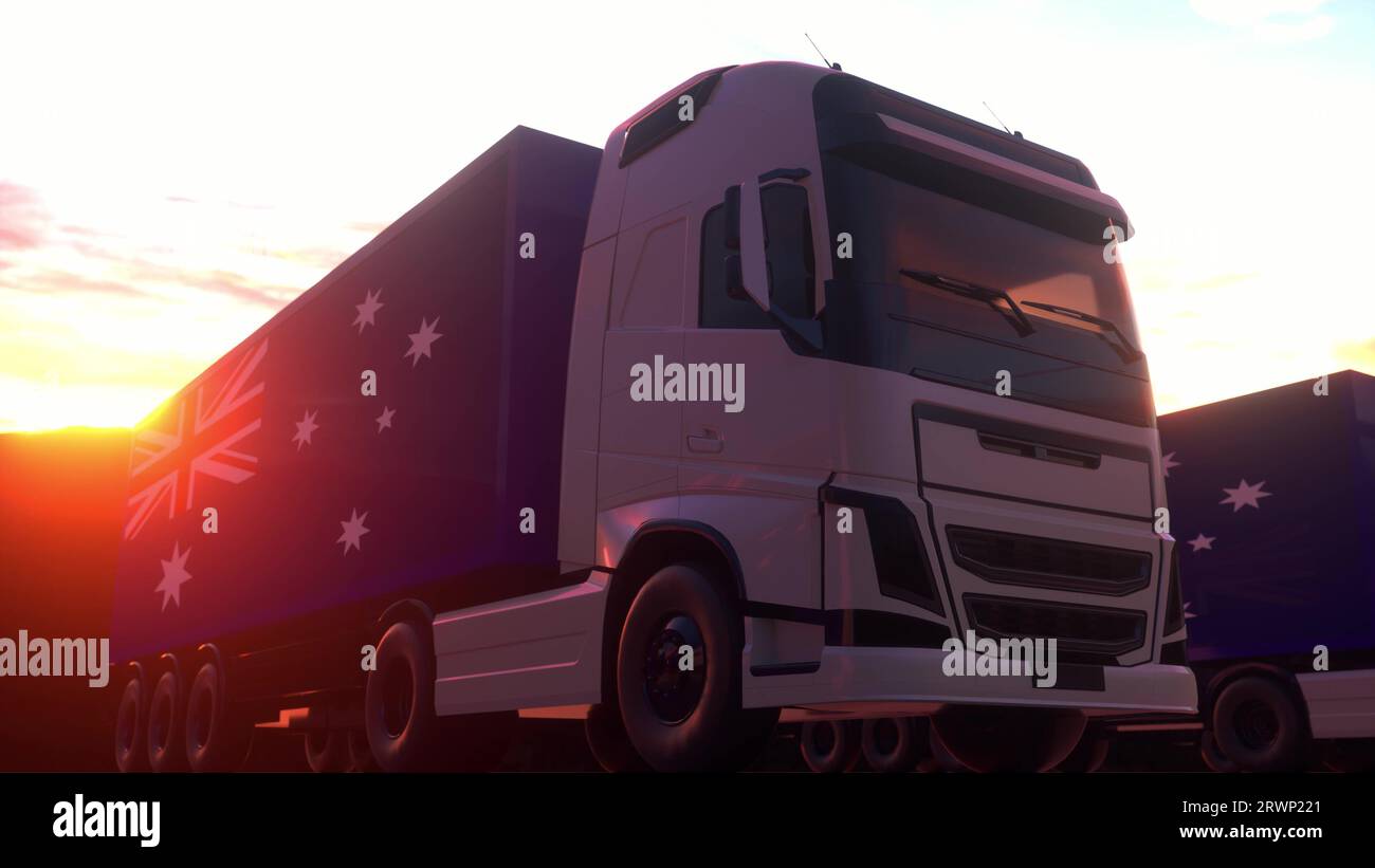Cargo trucks with Australia flag. Trucks from Australia loading or ...